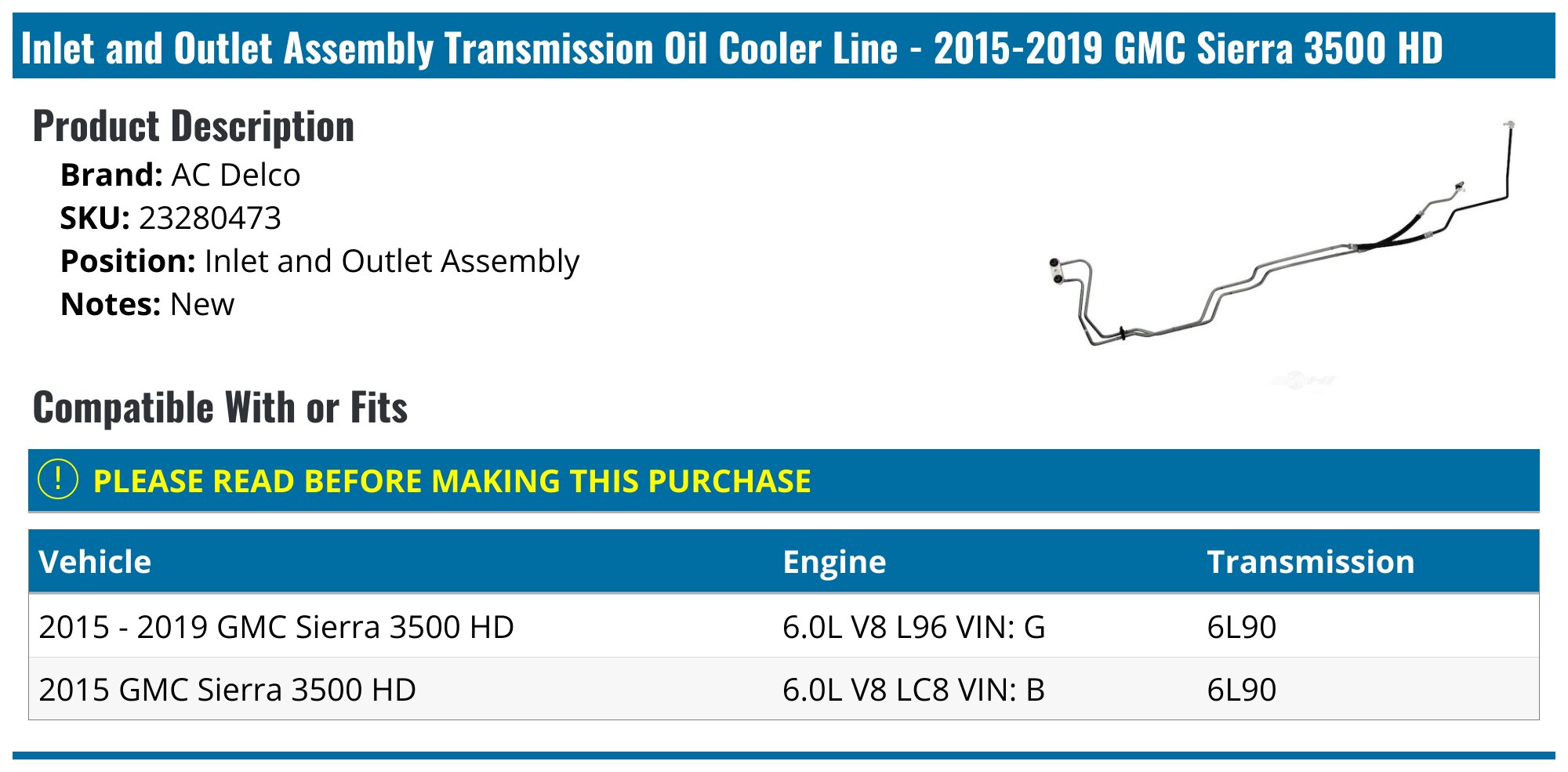 2015-2019 GMC Sierra 3500 HD Transmission Oil Cooler Line - AC Delco ...