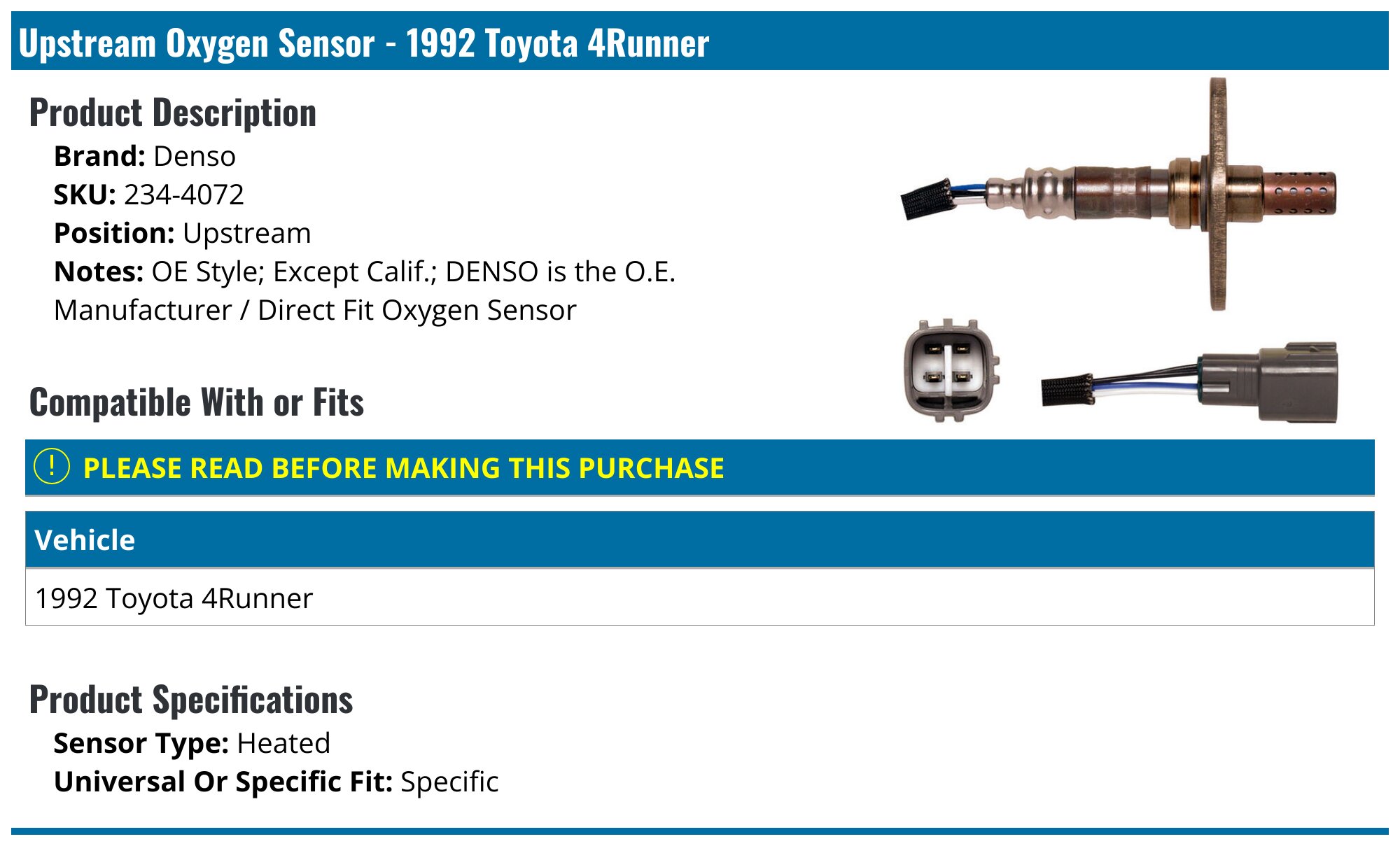 1992 Toyota 4Runner Oxygen Sensor - Denso 234-4072 - Upstream ...