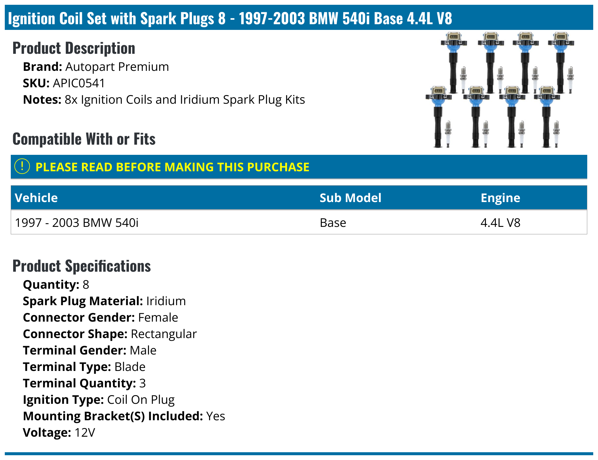 1997-2003 BMW 540i Ignition Coil - Autopart Premium APIC0541 ...