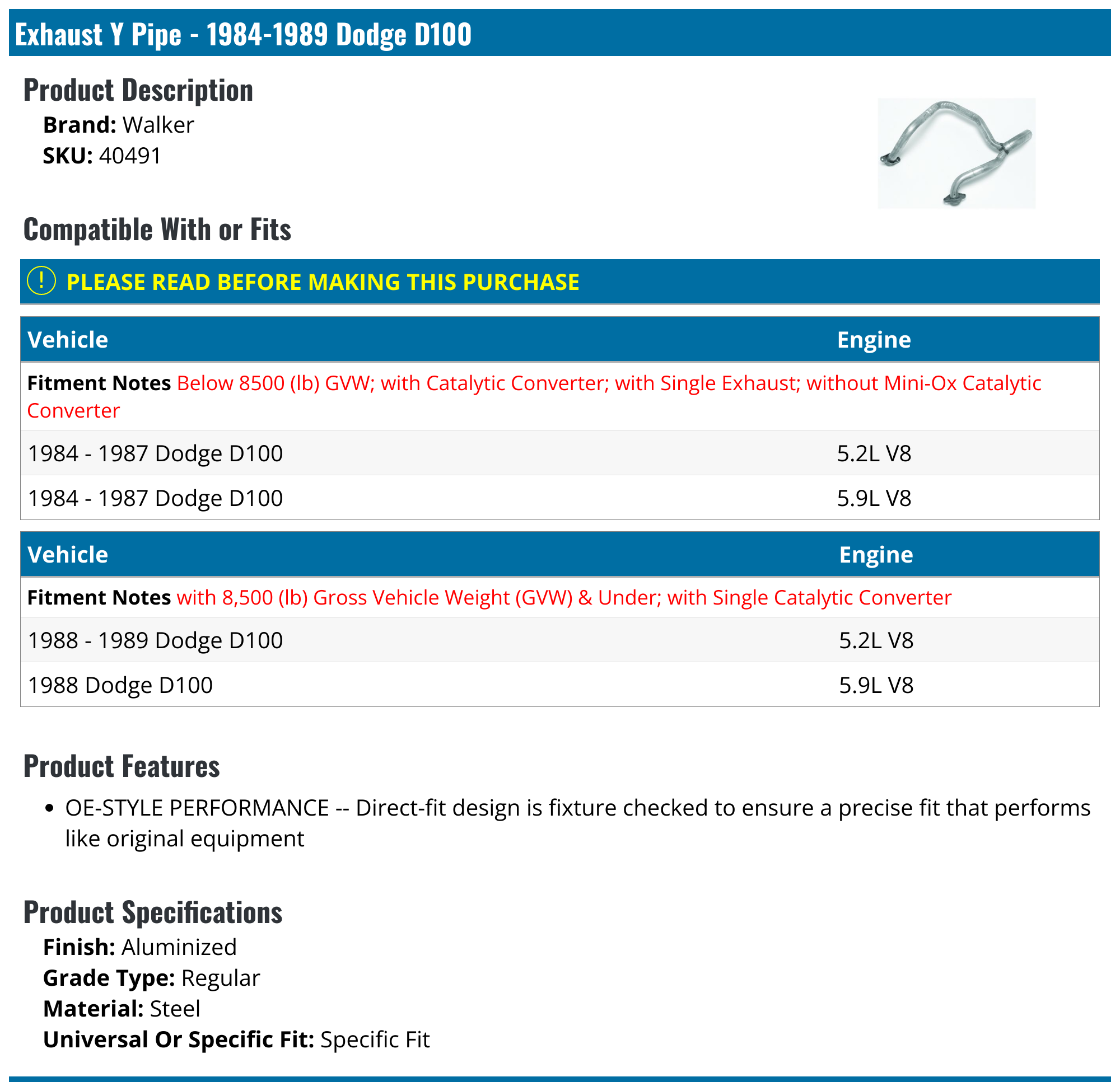 1984-1989 Dodge D100 Exhaust Y Pipe - Walker 40491 - PartsGeek.com