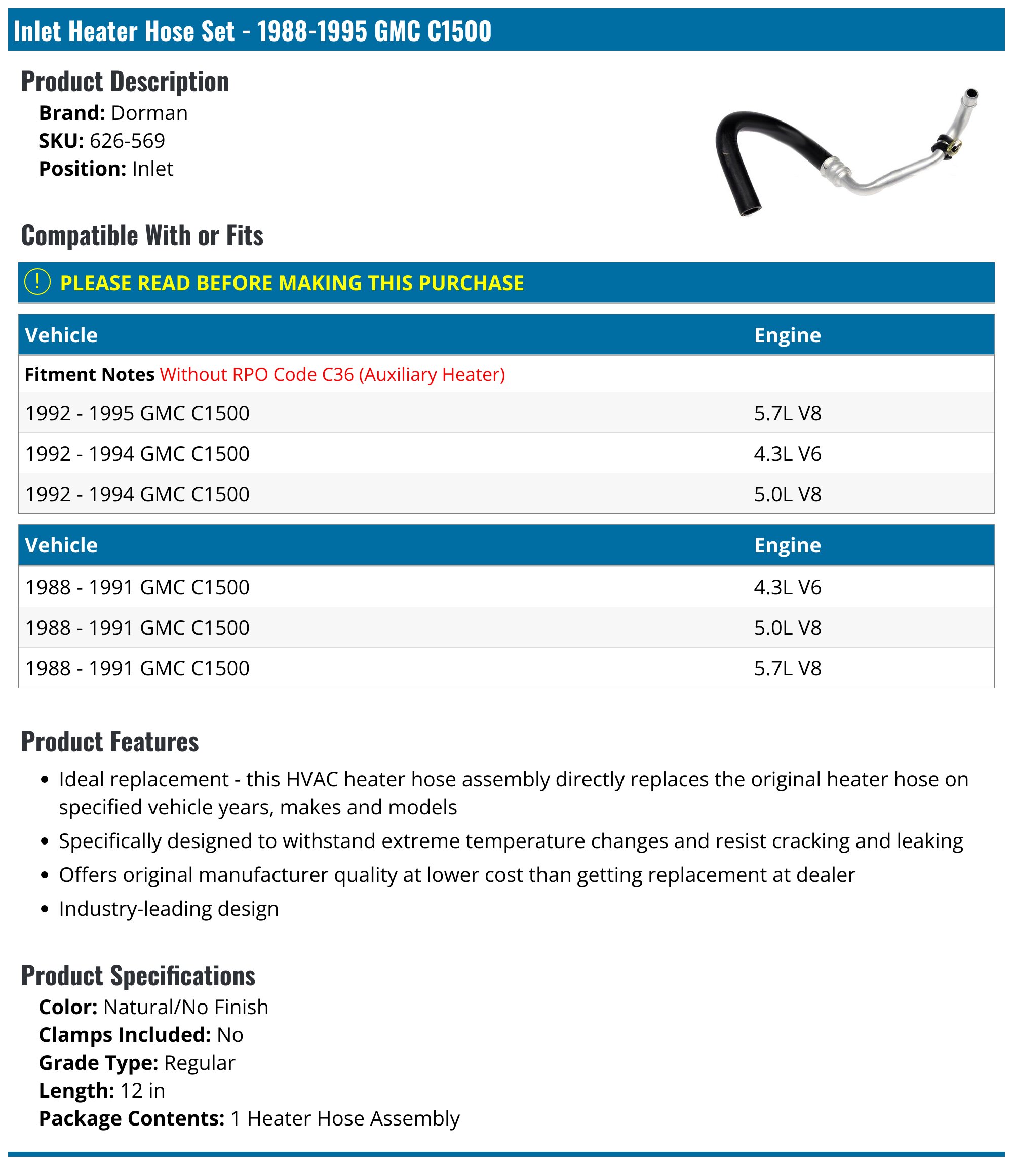 1988-1995 GMC C1500 Heater Hose - Dorman 626-569 - Inlet - PartsGeek.com