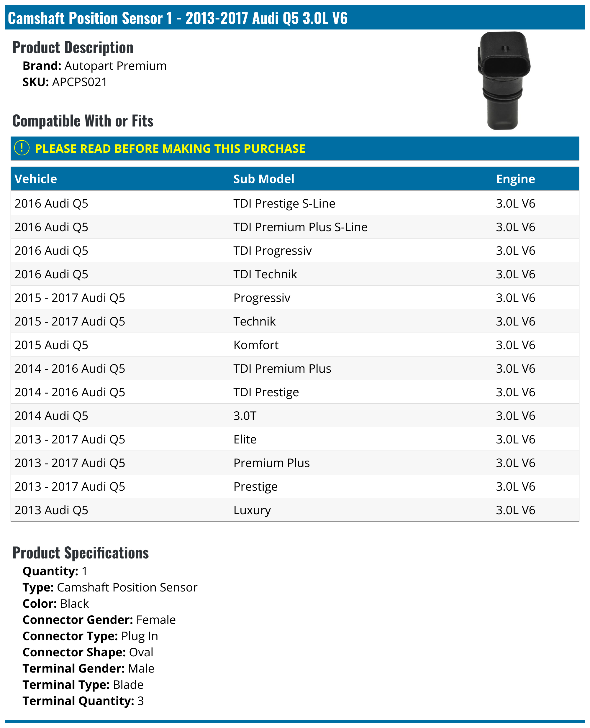 2013-2017 Audi Q5 Camshaft Position Sensor - Autopart Premium APCPS021 ...