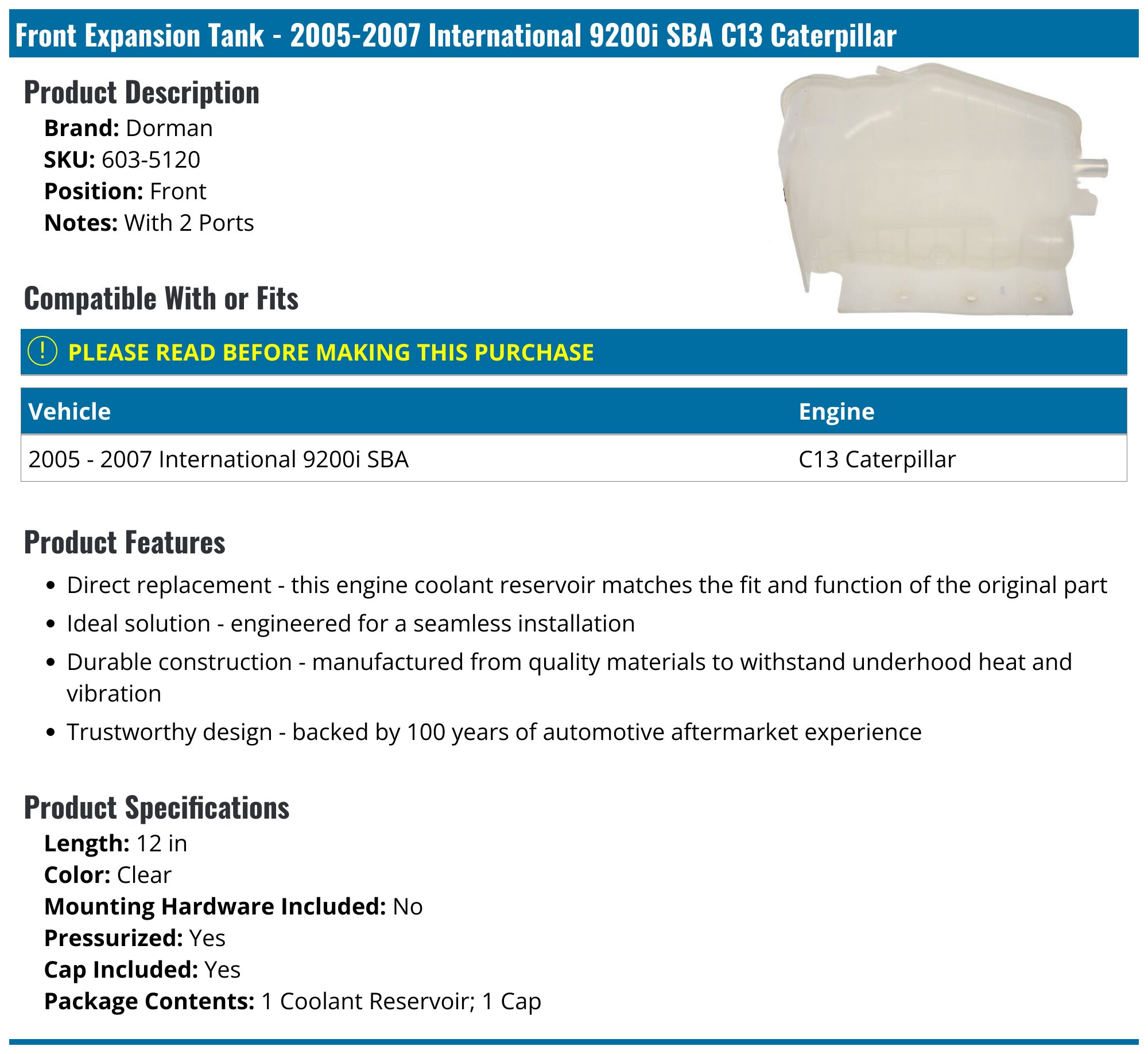 2005-2007 International 9200i SBA Expansion Tank - Dorman 603-5120 ...