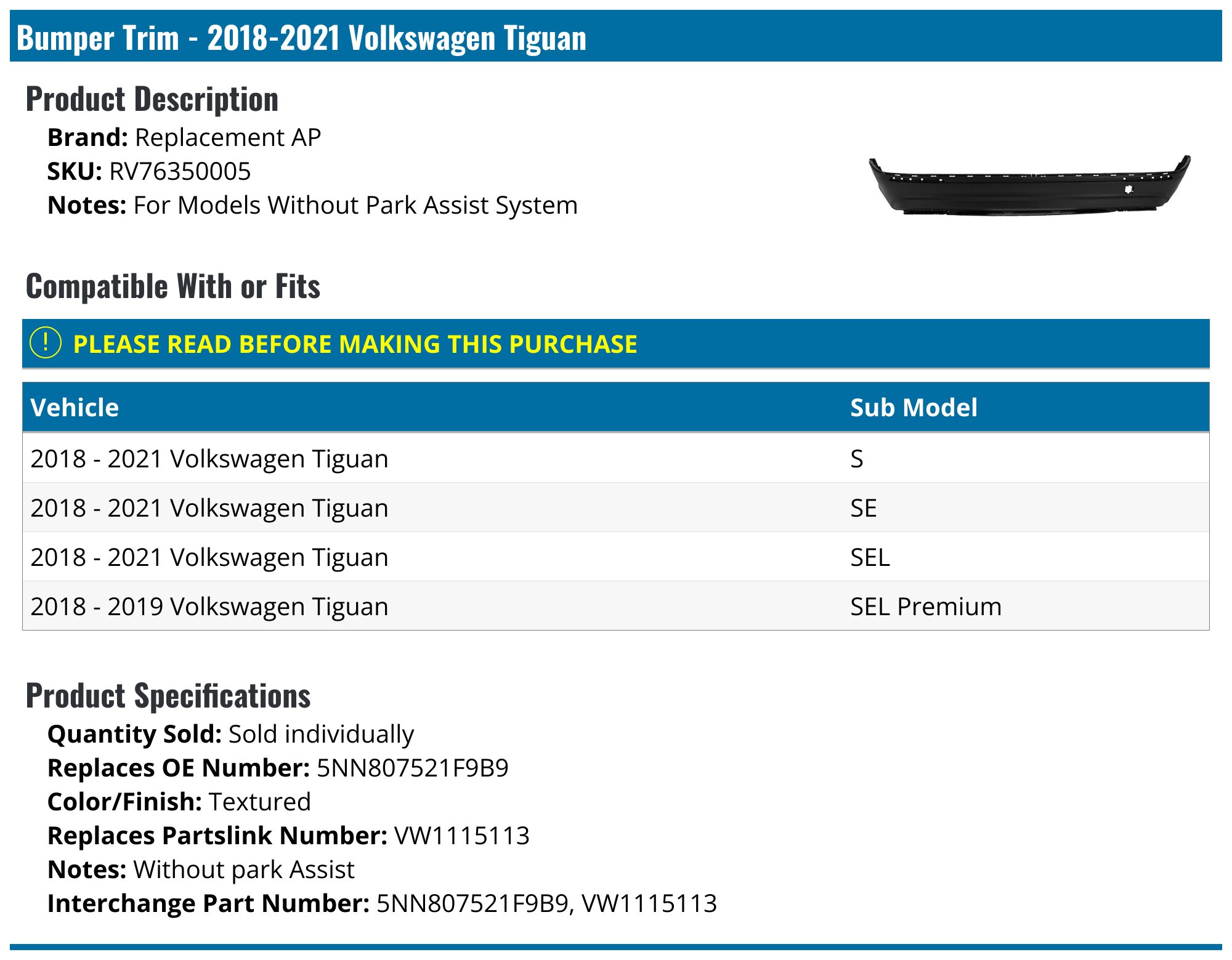 2018-2021 Volkswagen Tiguan Bumper Trim - Replacement AP RV76350005 ...