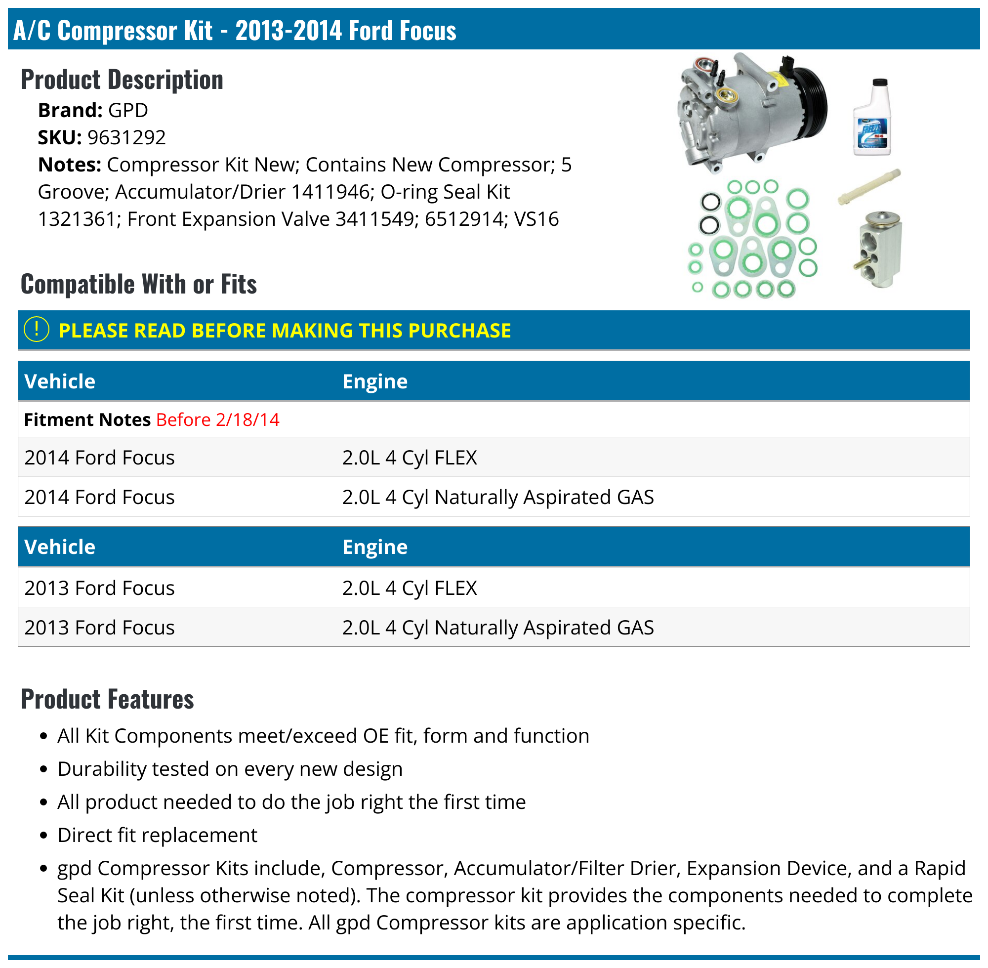 2013-2014 Ford Focus A/C Compressor - GPD 9631292 - PartsGeek.com