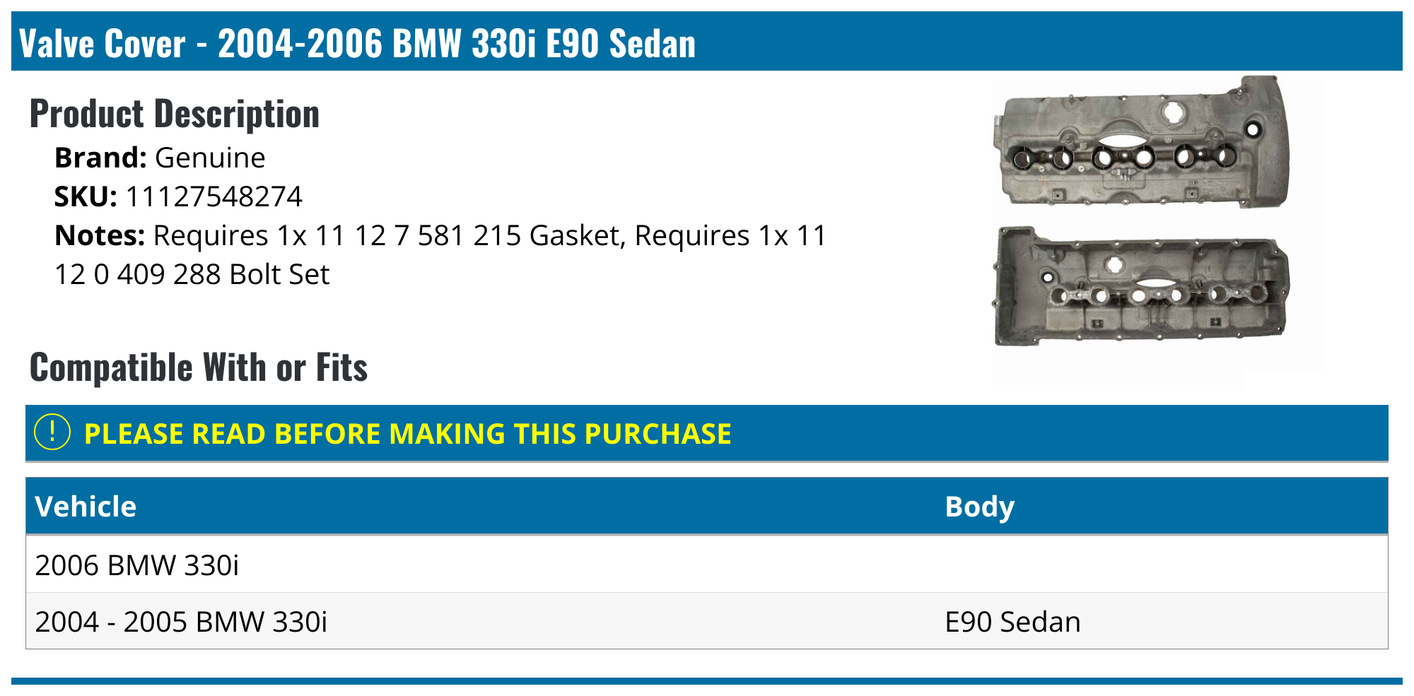 2004-2006 BMW 330i Valve Cover - Genuine 11127548274 - - PartsGeek.com