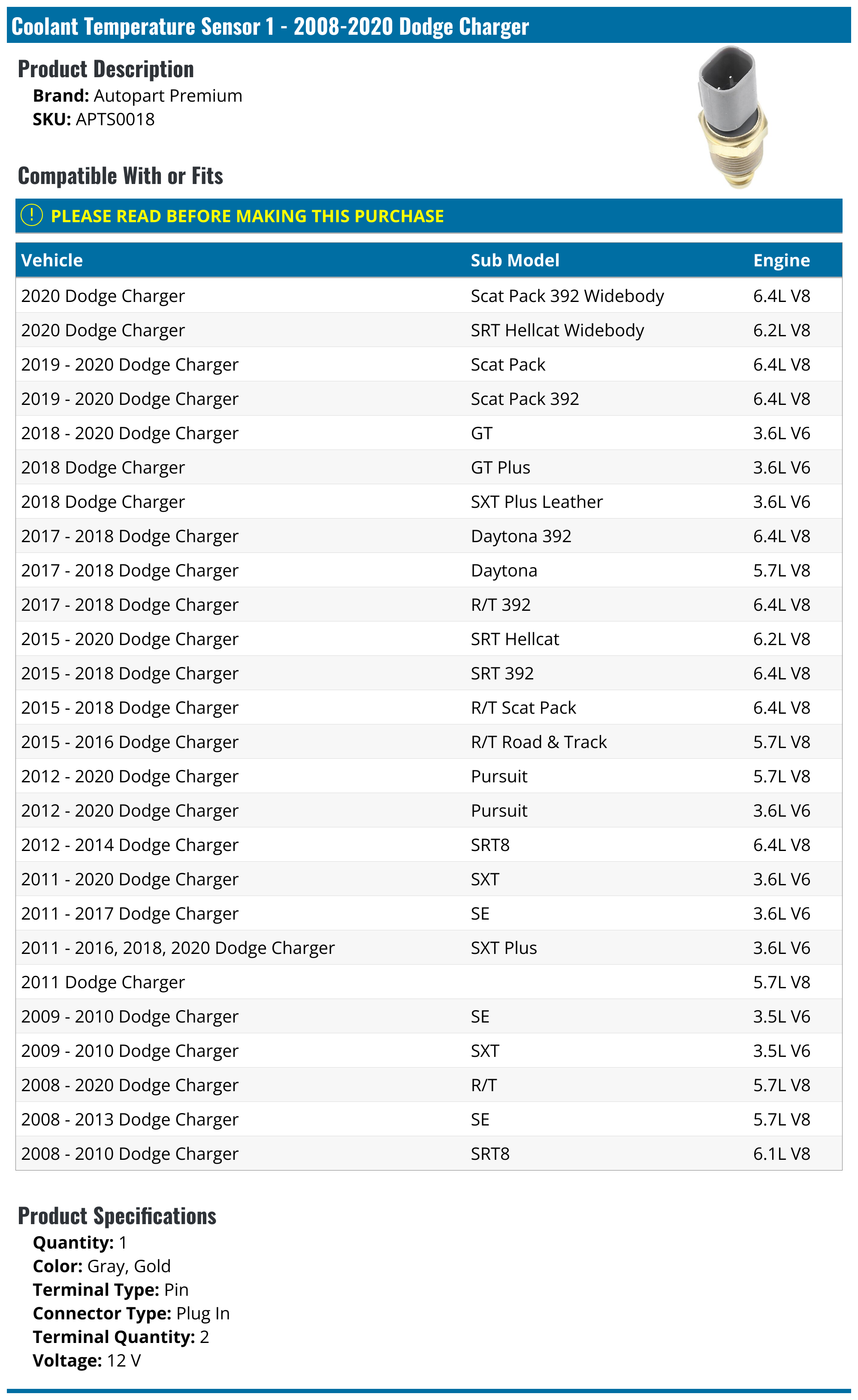 2008-2020 Dodge Charger Engine Coolant Temperature Sensor - Autopart ...