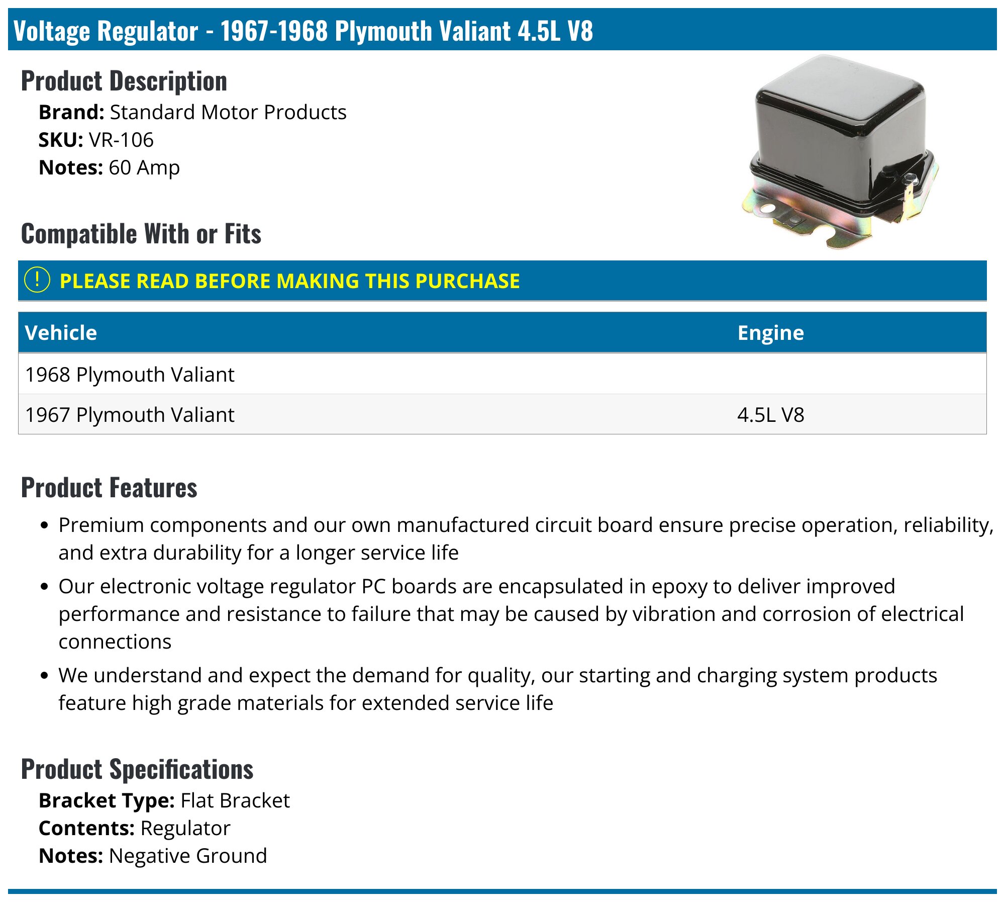 1967-1968 Plymouth Valiant Voltage Regulator - Standard Motor Products ...