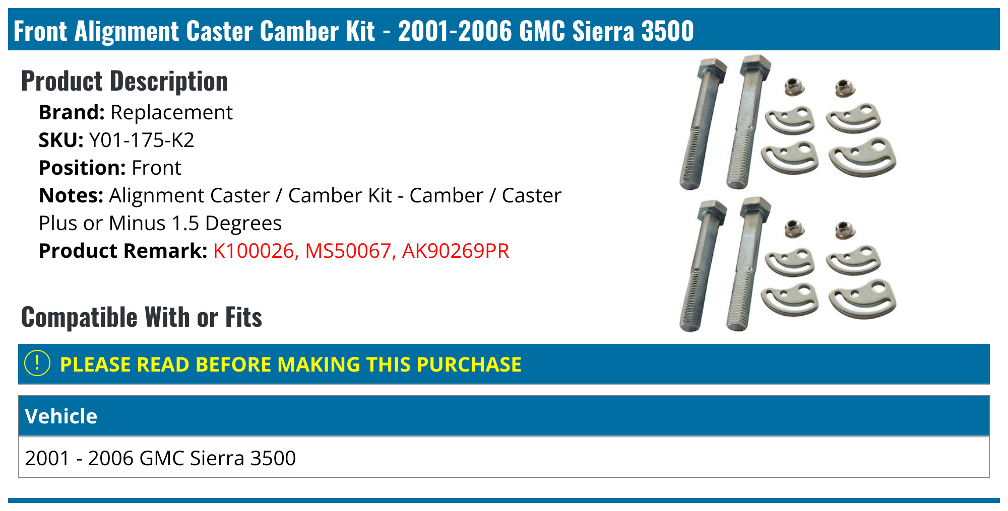 2001-2006 GMC Sierra 3500 Alignment Caster Camber Kit - Replacement Y01 ...