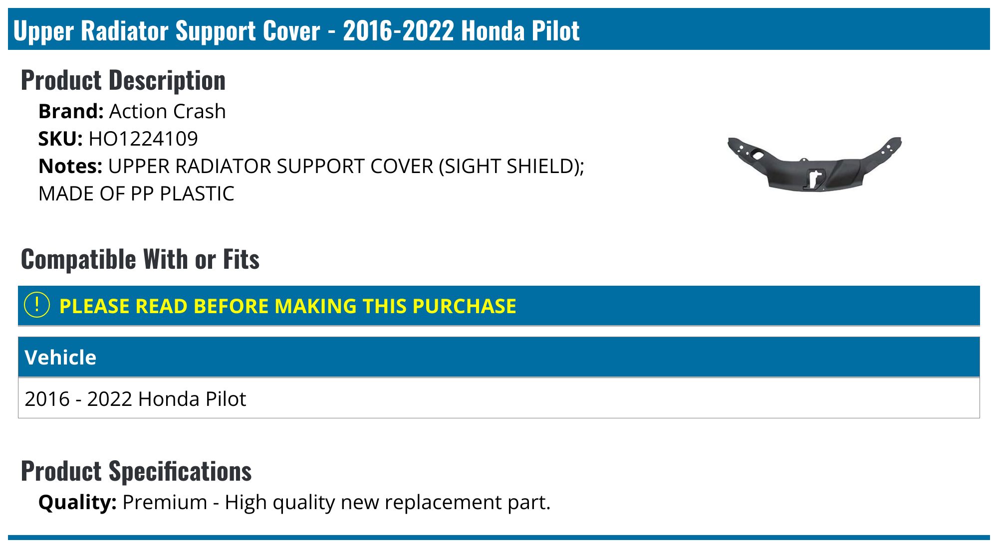 2016-2022 Honda Pilot Radiator Support Cover - Action Crash HO1224109 ...