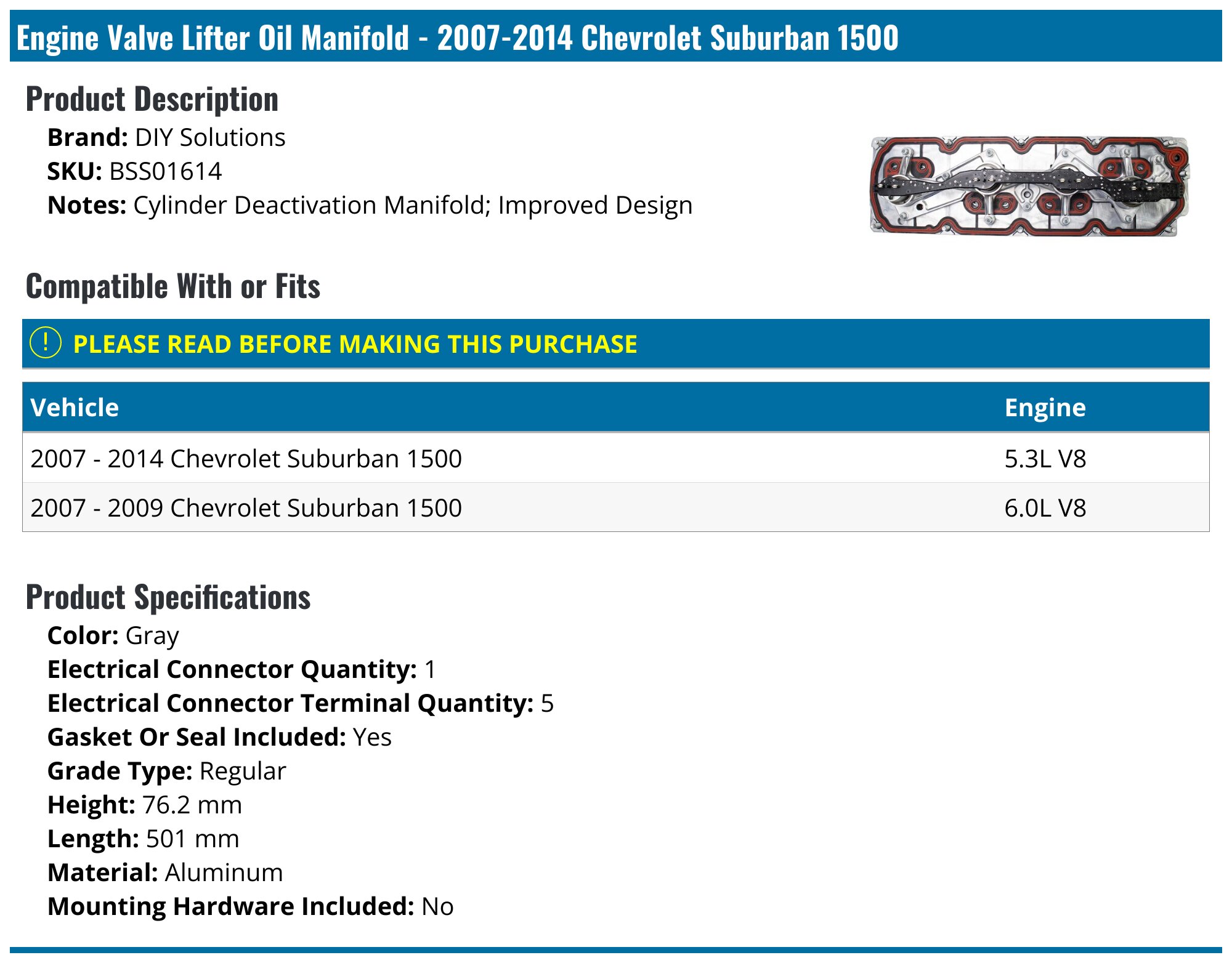 2007-2014 Chevrolet Suburban 1500 Engine Valve Lifter Oil Manifold ...