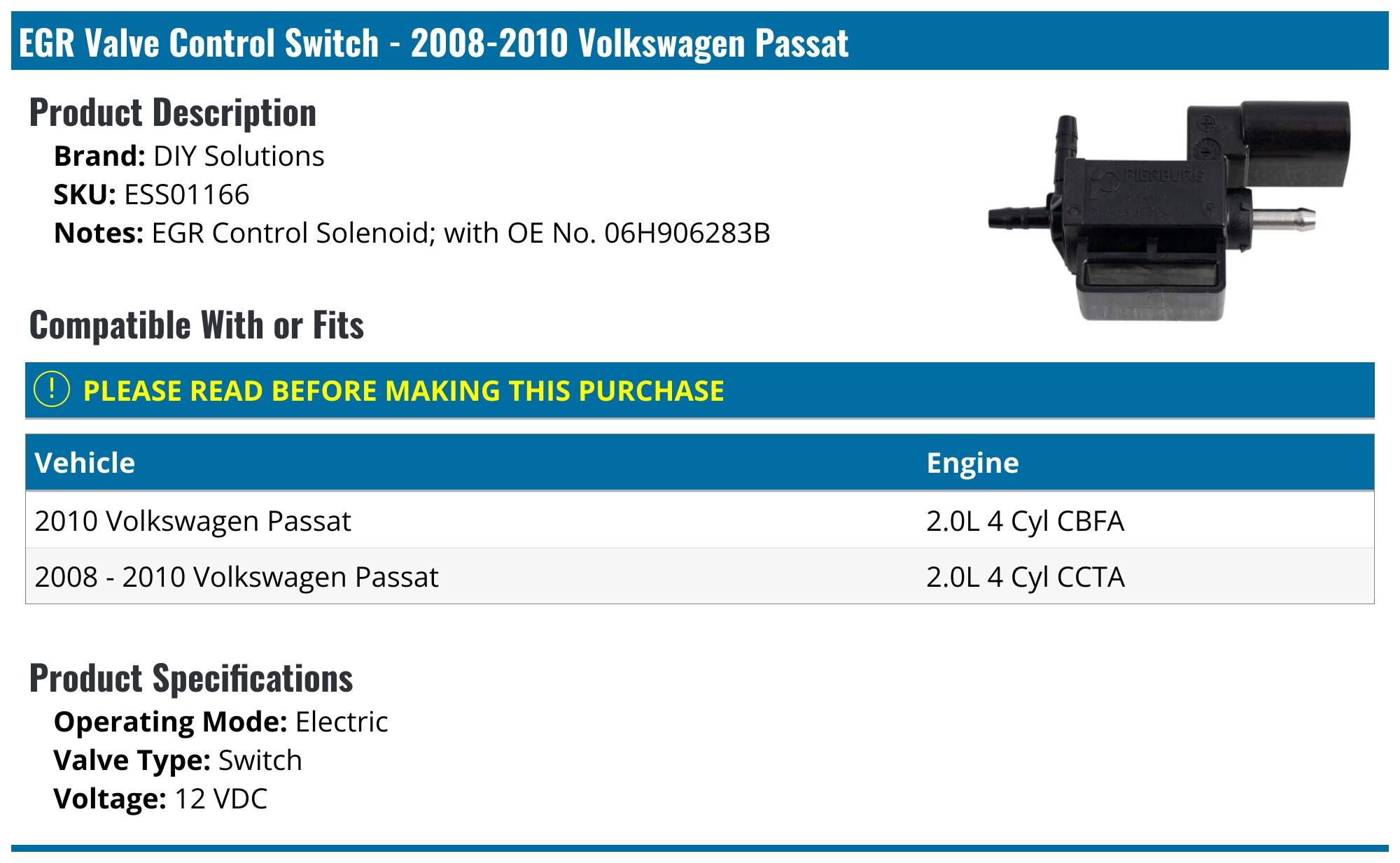 2008-2010 Volkswagen Passat EGR Valve Control Switch - DIY Solutions ...