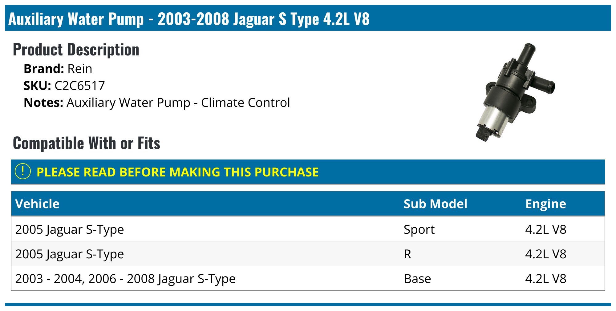 2003-2008 Jaguar S Type Water Pump - Rein C2C6517 - PartsGeek.com