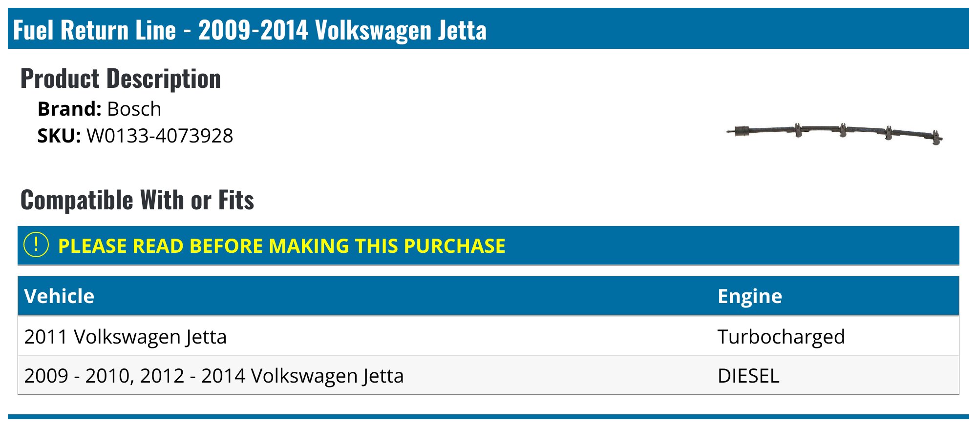 2009-2014 Volkswagen Jetta Fuel Return Line - Bosch W0133-4073928 ...