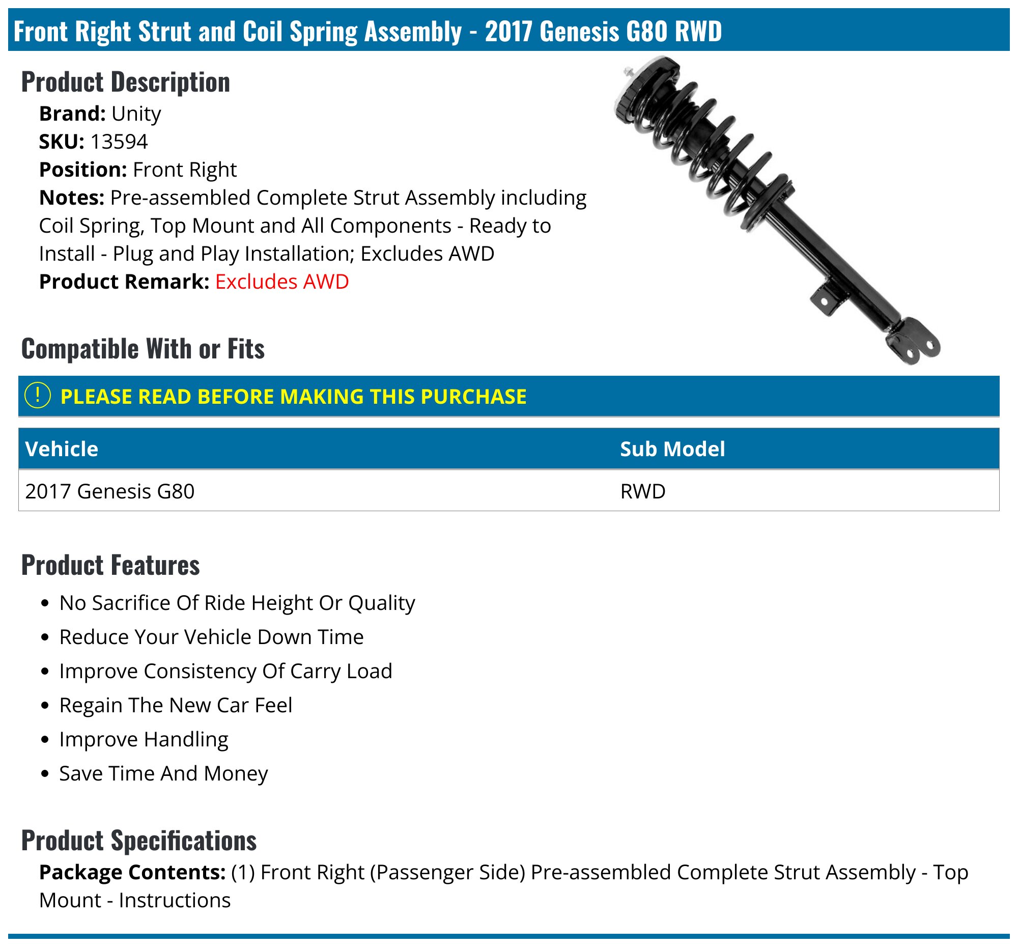 2017 Genesis G80 Strut Assembly - Unity 13594 - Front Right - PartsGeek.com