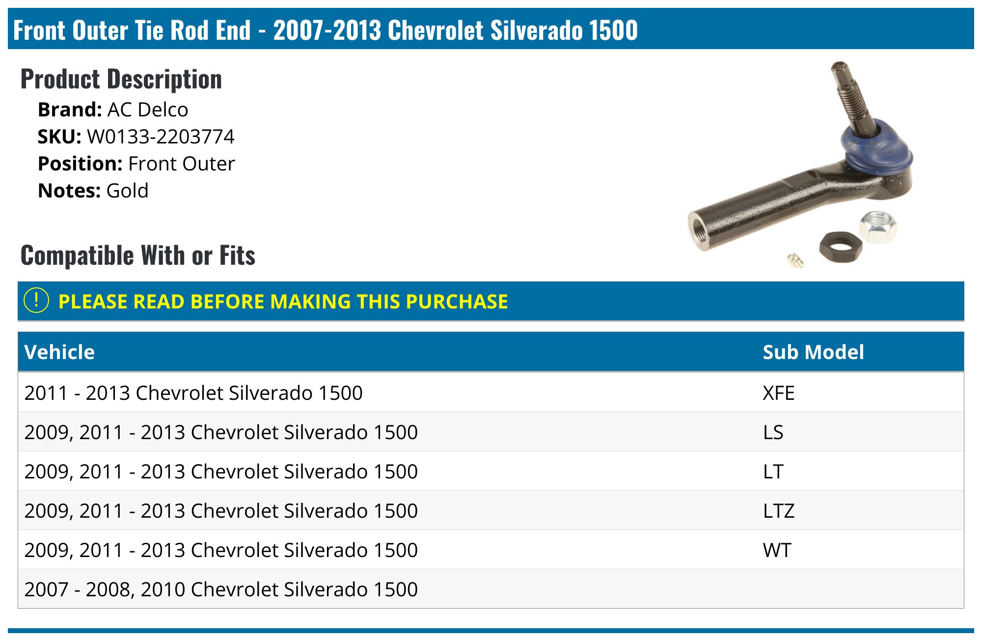2007-2013 Chevrolet Silverado 1500 Tie Rod End - AC Delco W0133-2203774 ...