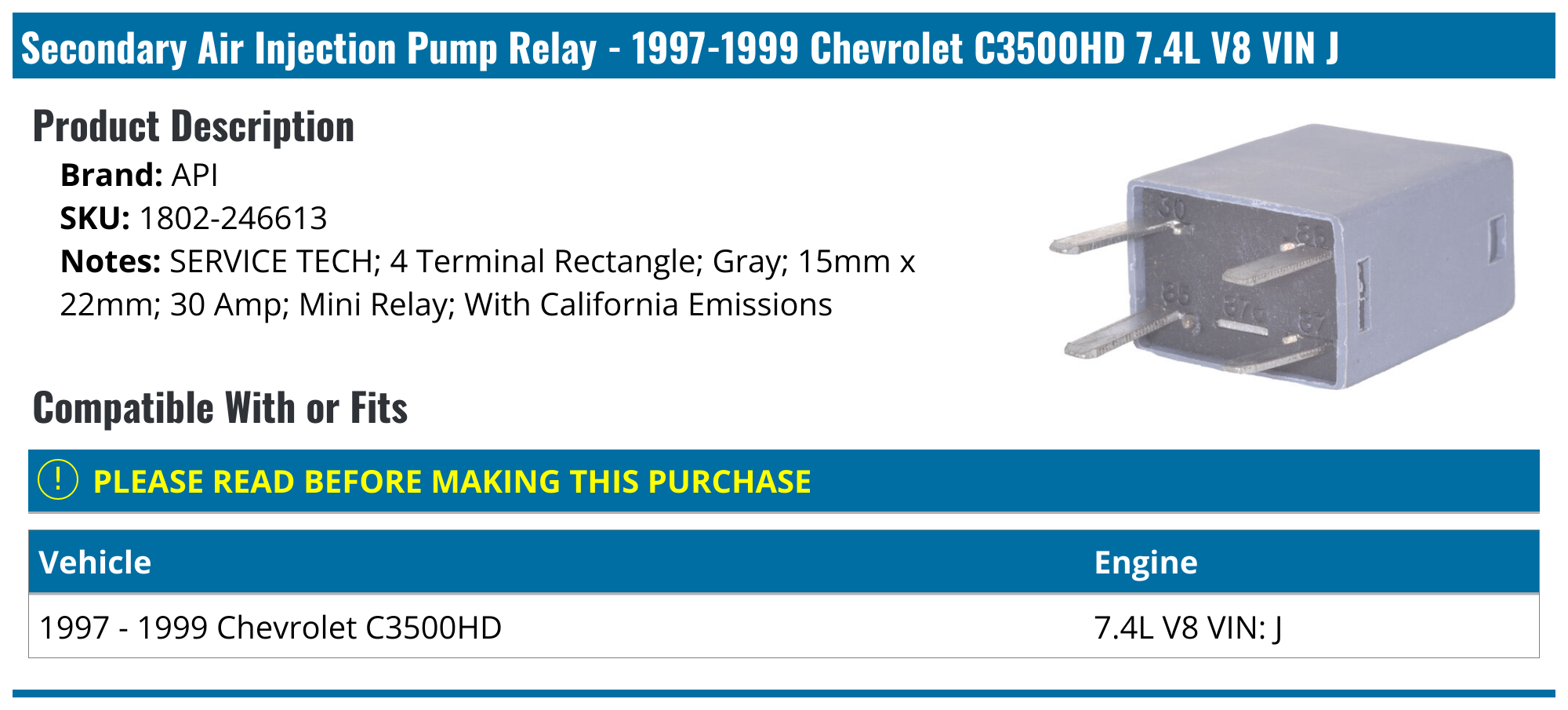 1997-1999 Chevrolet C3500HD Secondary Air Injection Pump Relay - API ...