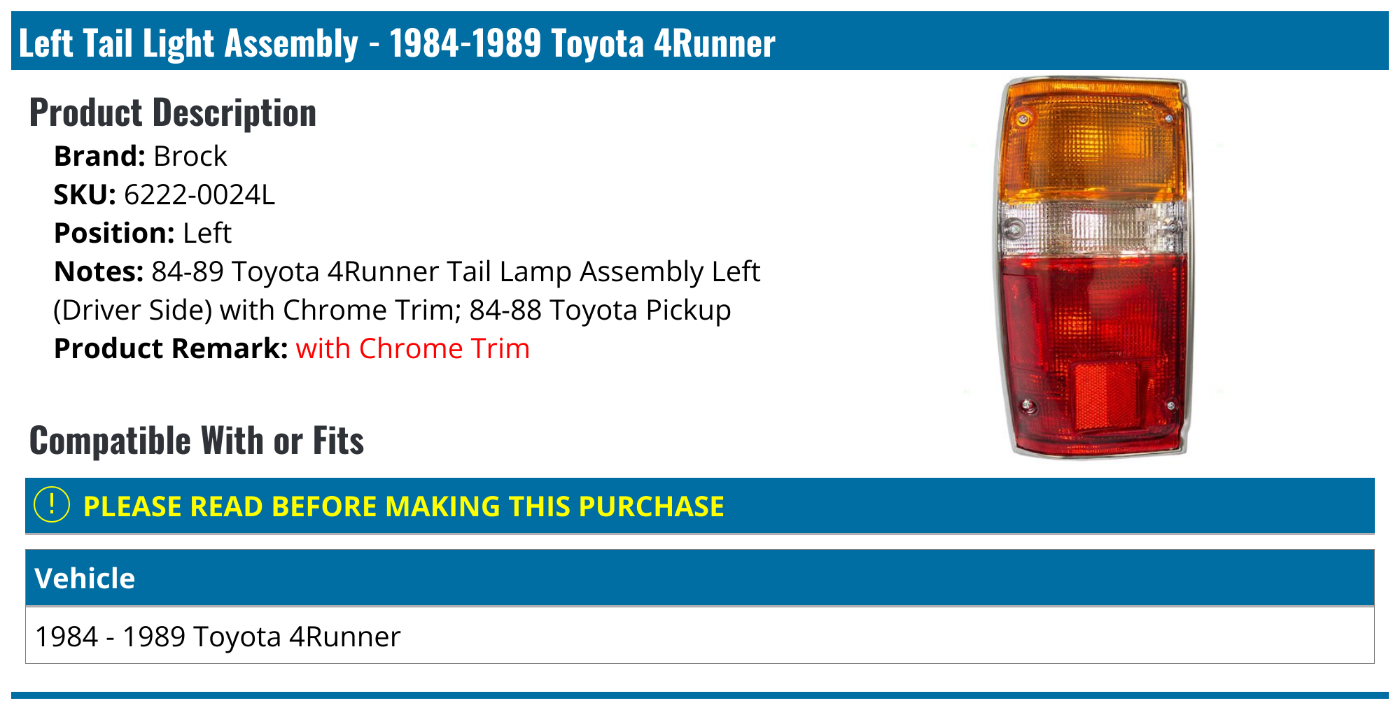 1984-1989 Toyota 4Runner Tail Light Assembly - Brock 6222-0024L - Left ...