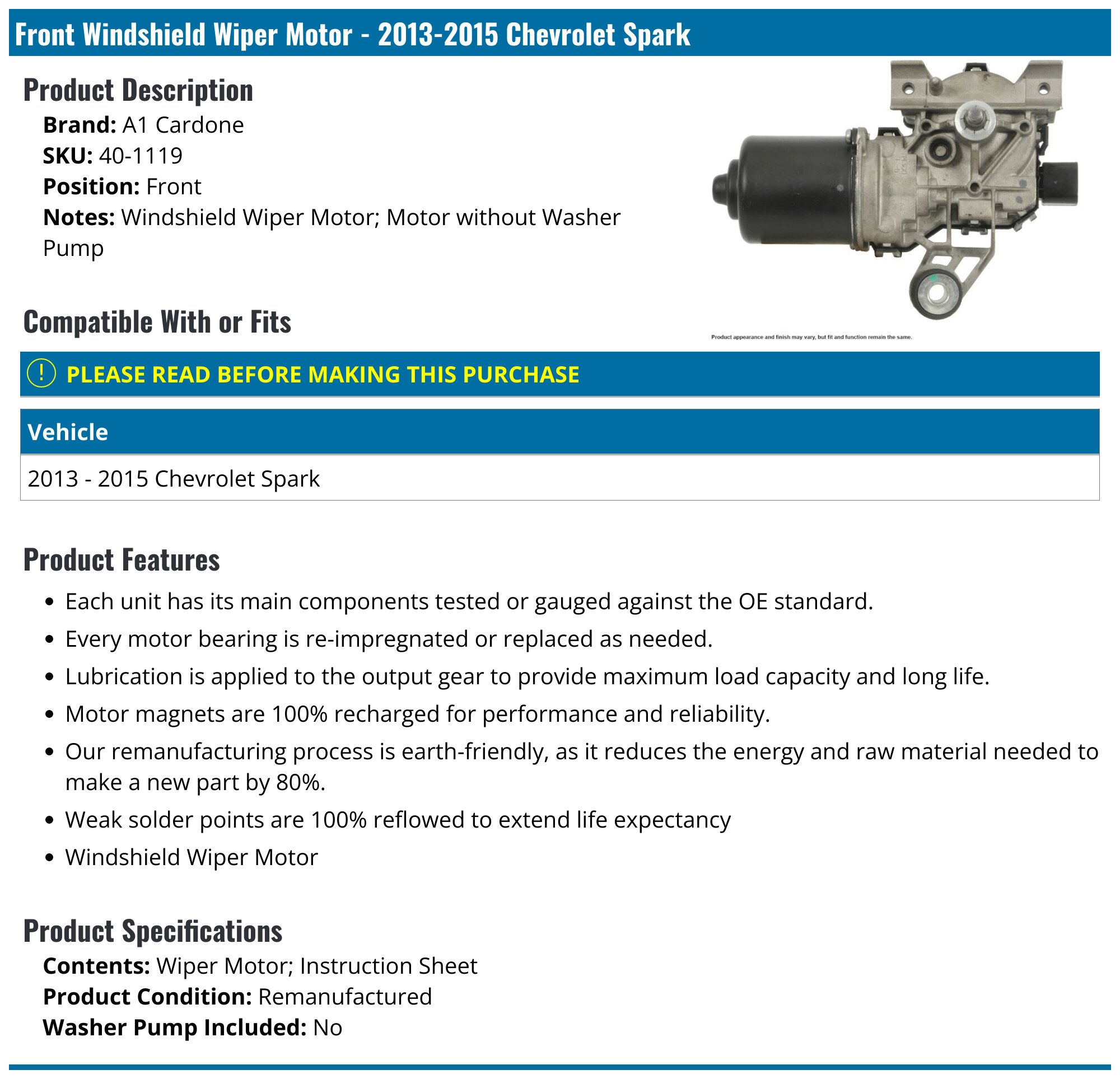 2013-2015 Chevrolet Spark Windshield Wiper Motor - A1 Cardone 40-1119 ...
