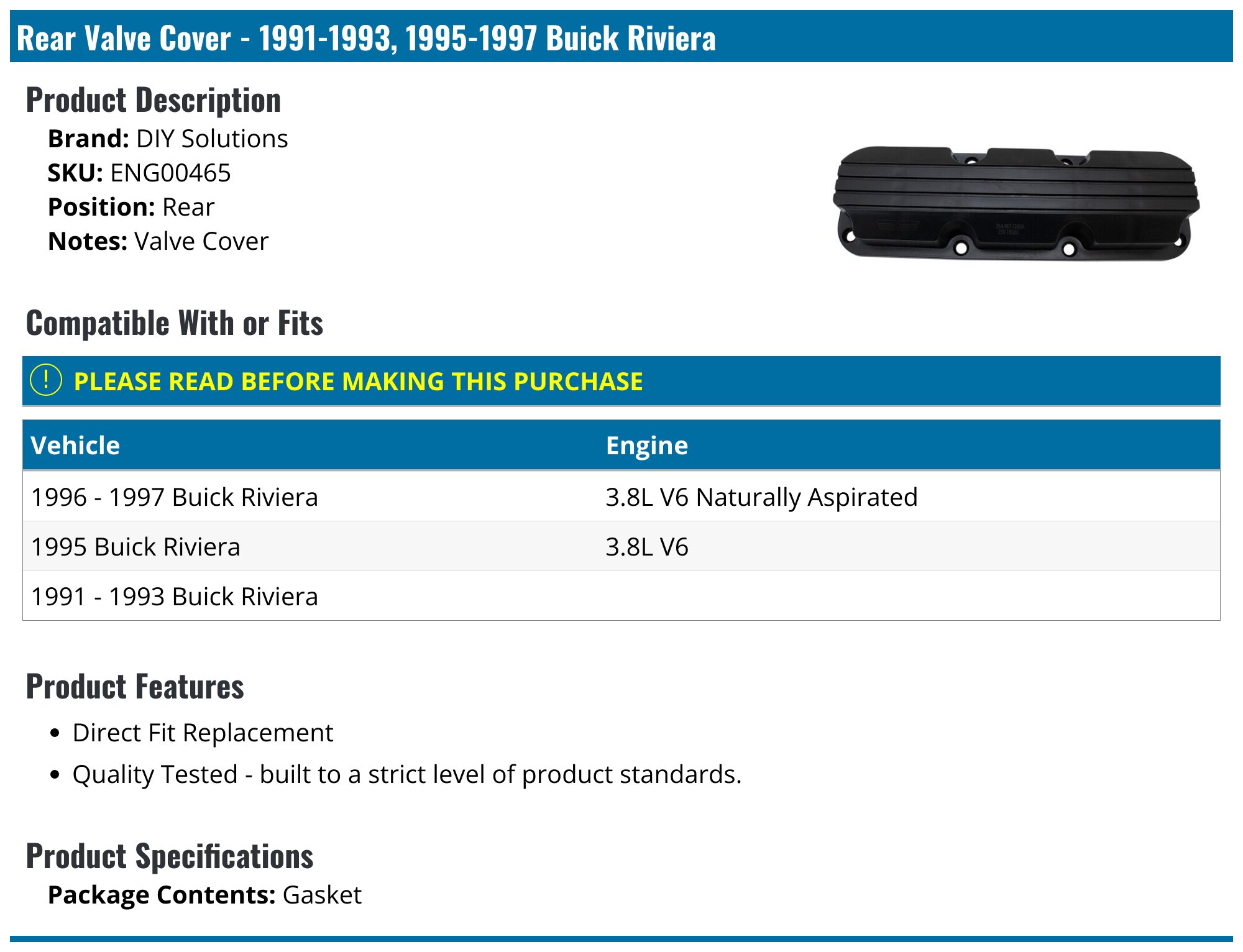 1991-1993, 1995-1997 Buick Riviera Valve Cover - DIY Solutions ENG00465 ...