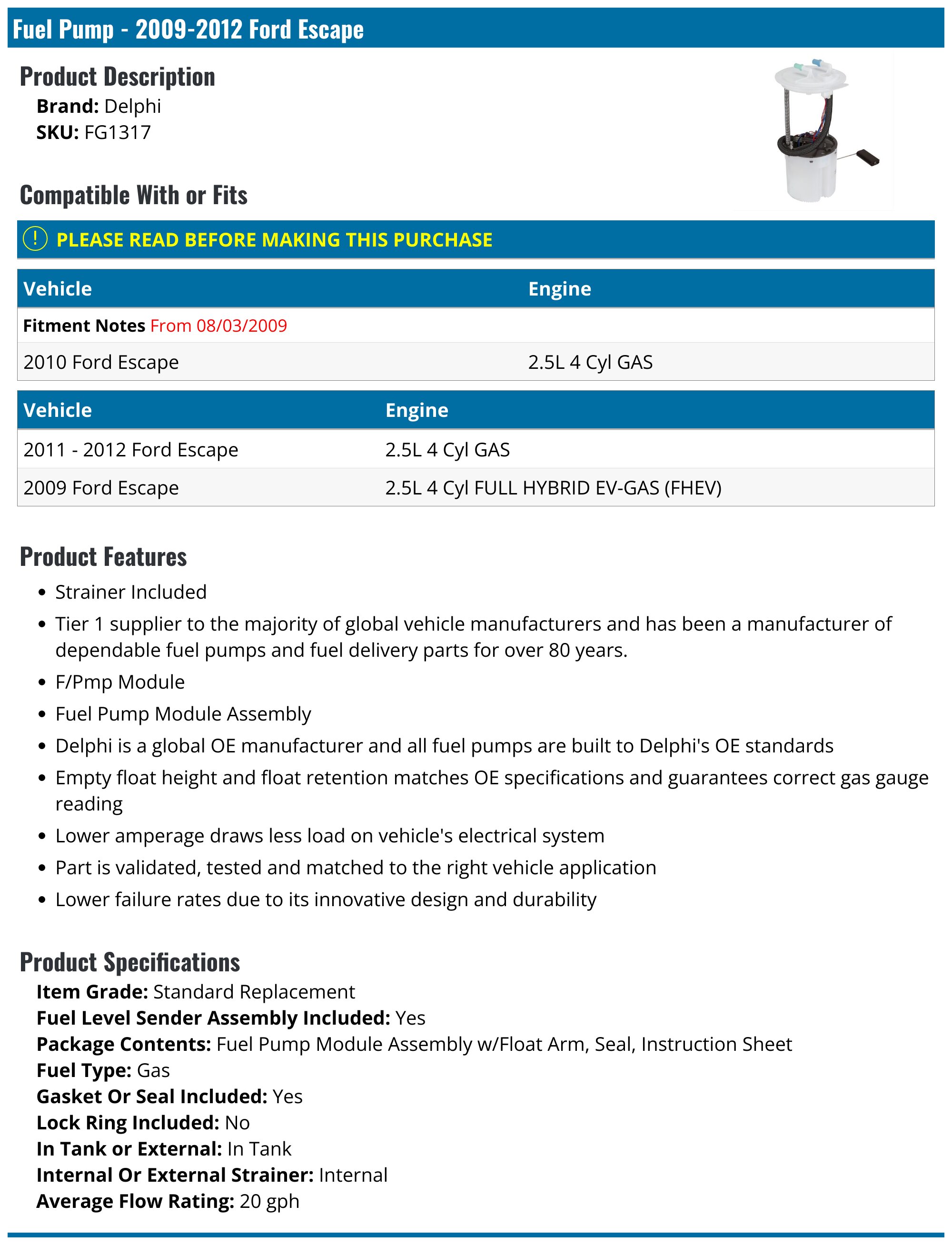 2009-2012 Ford Escape Fuel Pump - Delphi FG1317 - PartsGeek.com