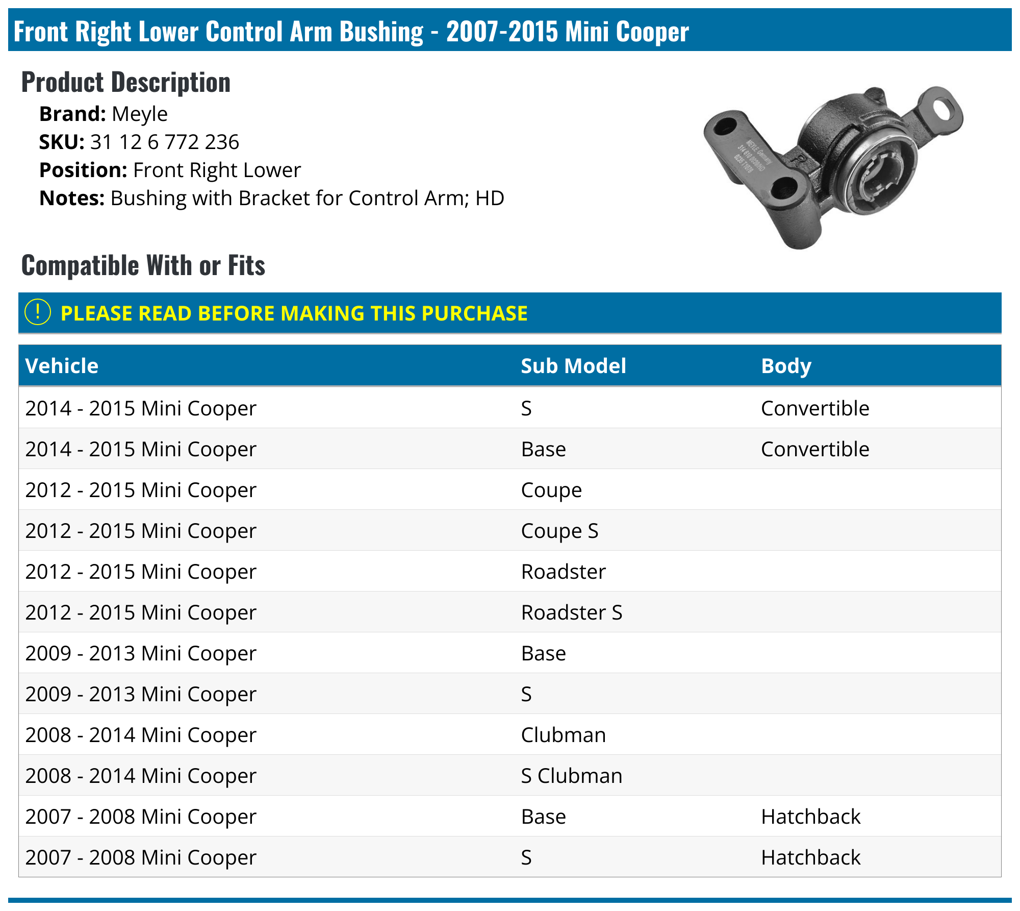 2007-2015 Mini Cooper Control Arm Bushing - Meyle 31 12 6 772 236 ...