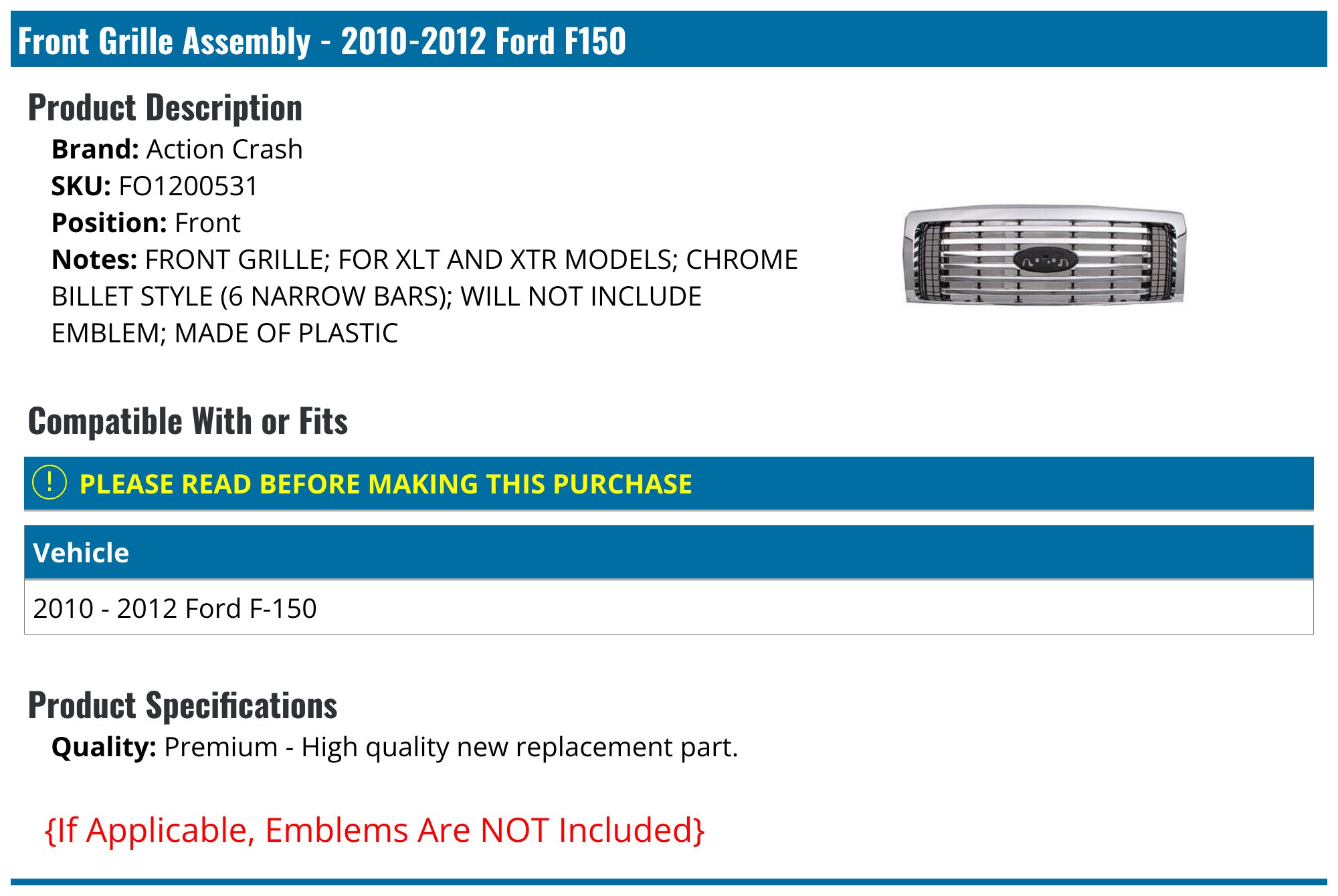 2010-2012 Ford F150 Grille Assembly - Action Crash FO1200531 - Front ...