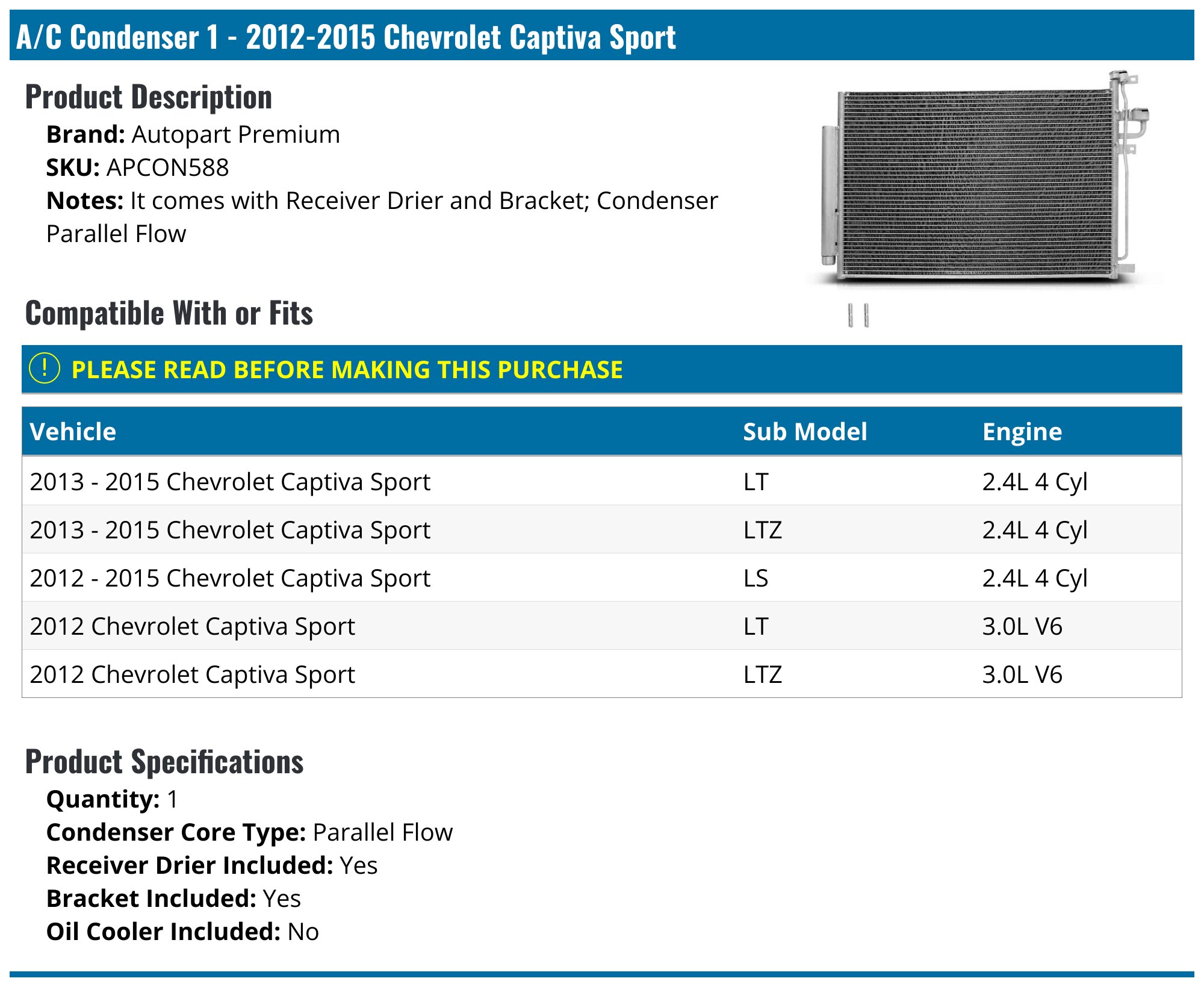 2012-2015 Chevrolet Captiva Sport A/C Condenser - Autopart Premium ...