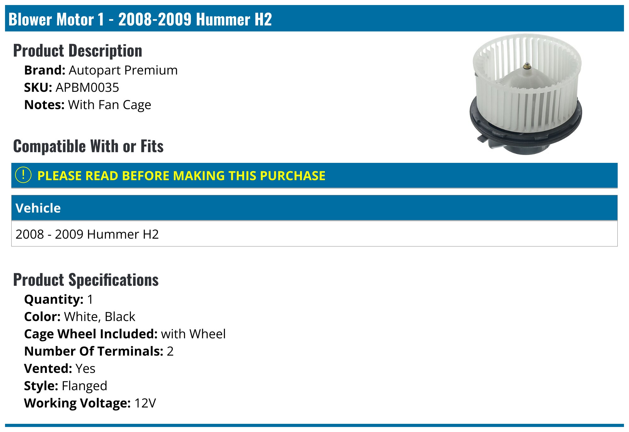 2008-2009 Hummer H2 Blower Motor - Autopart Premium APBM0035 ...
