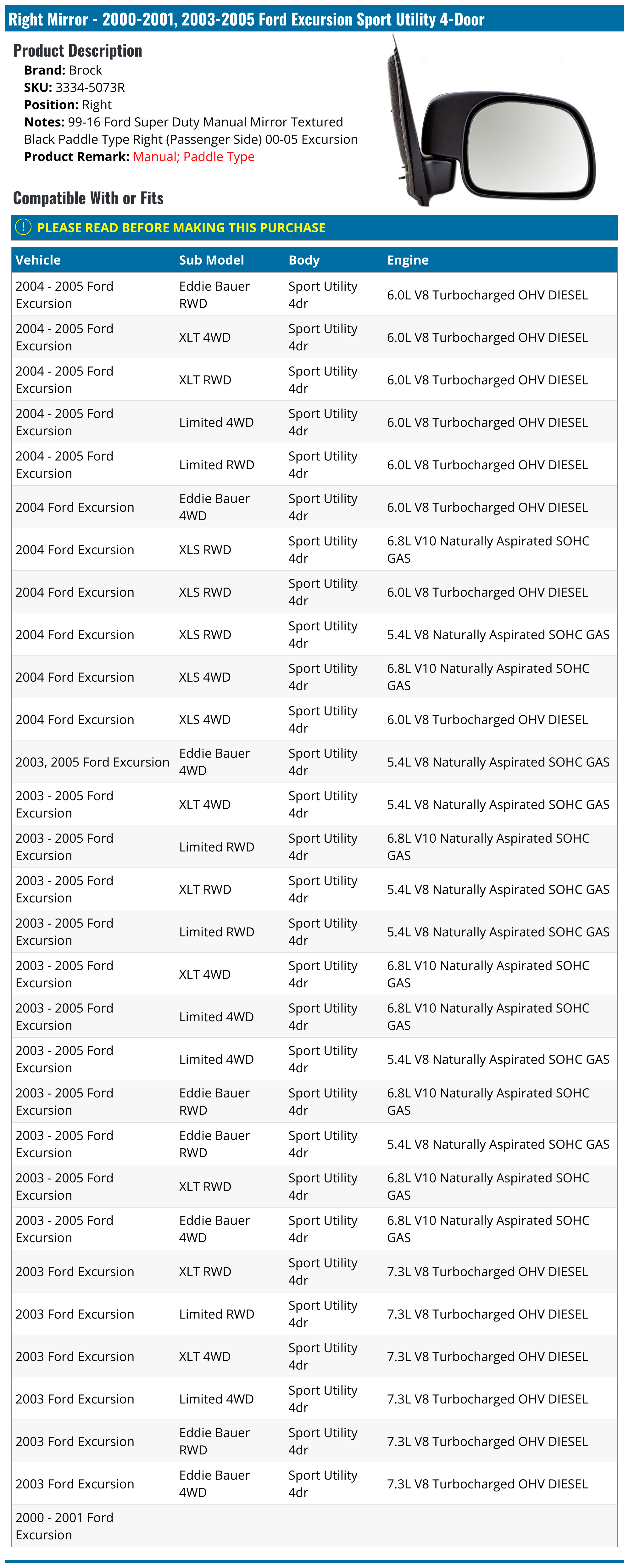 2000-2001, 2003-2005 Ford Excursion Mirror - Brock 3334-5073R - Right ...