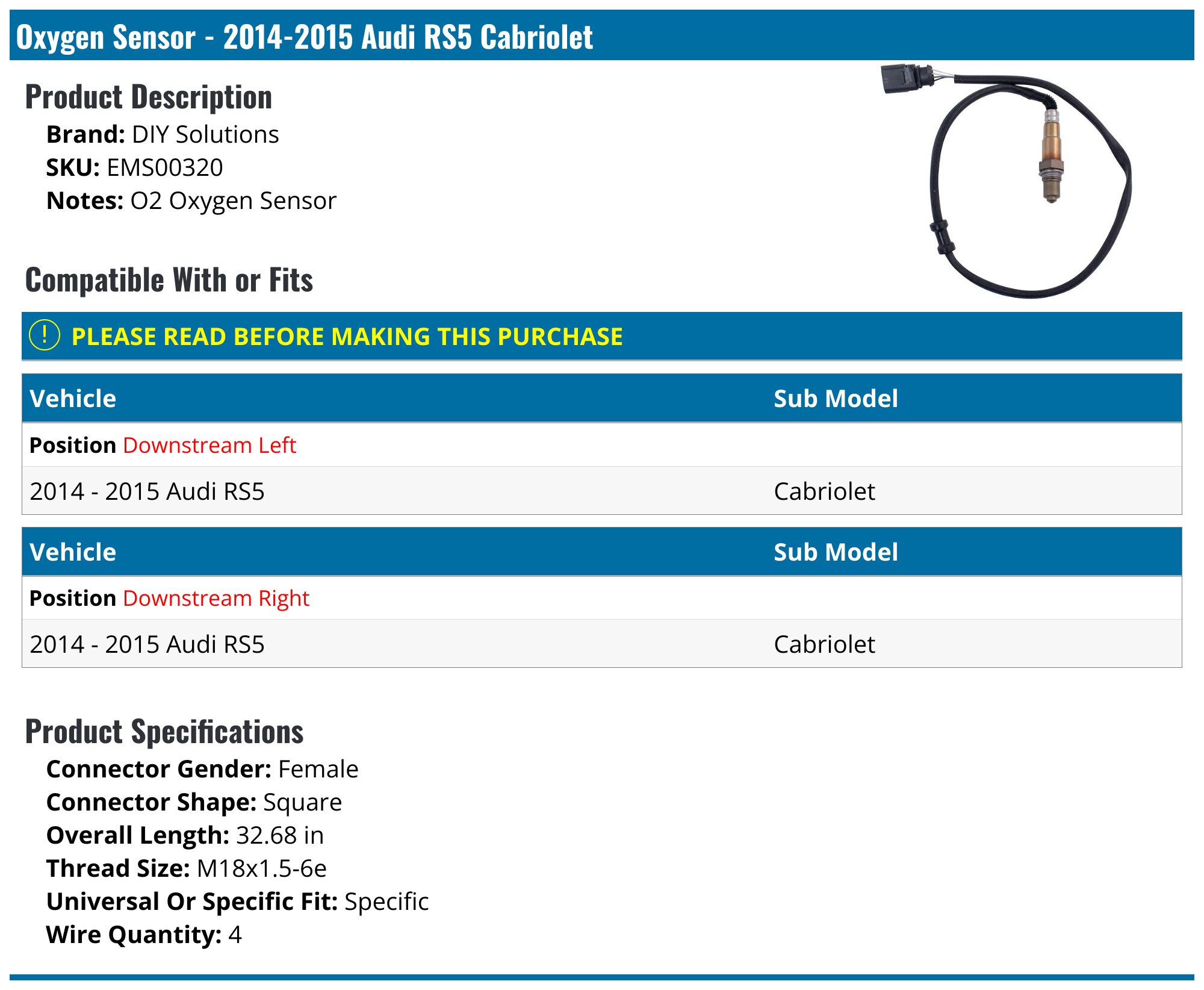 2014-2015 Audi RS5 Oxygen Sensor - DIY Solutions EMS00320 - Downstream ...
