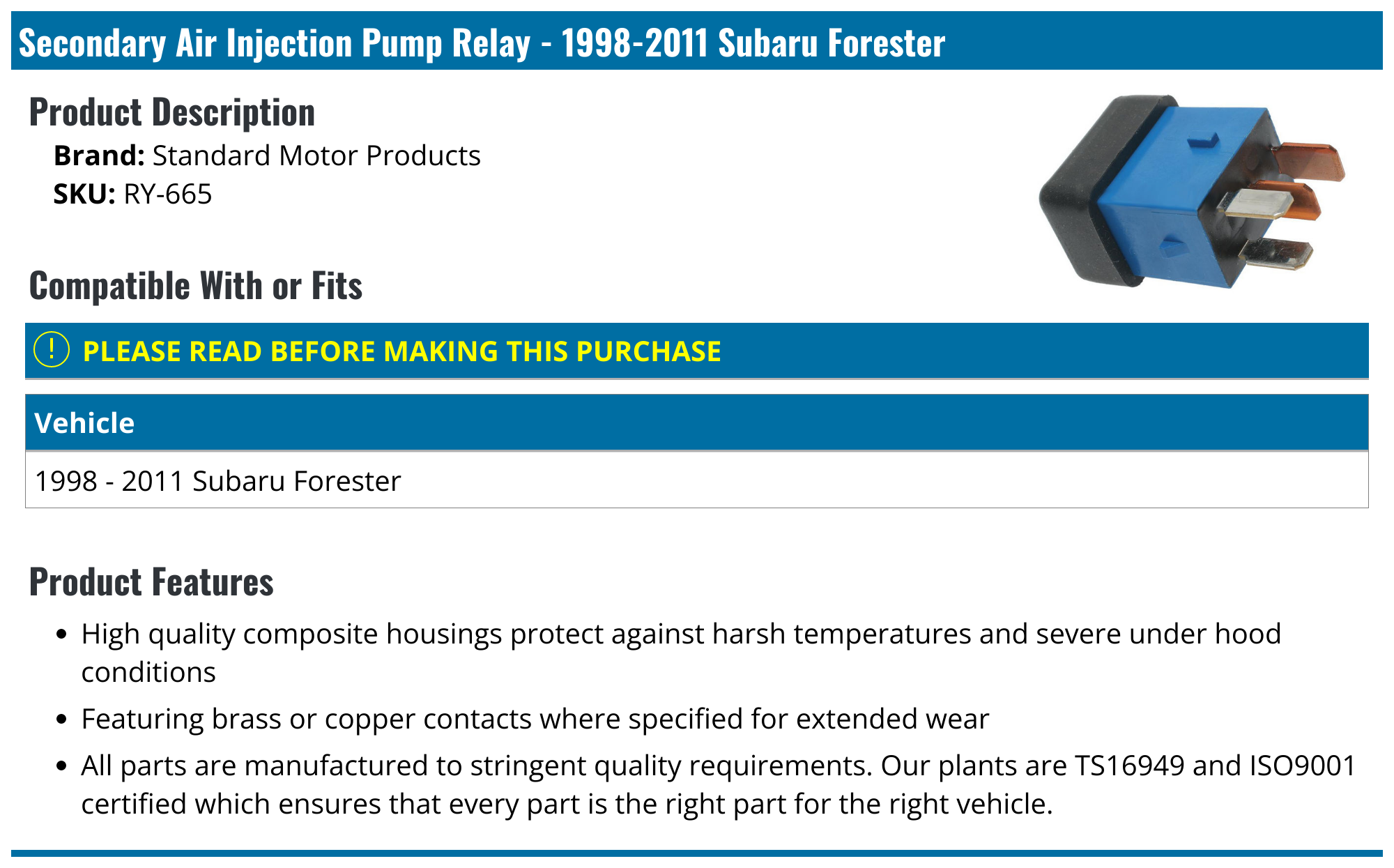 1998-2011 Subaru Forester Secondary Air Injection Pump Relay - Standard ...