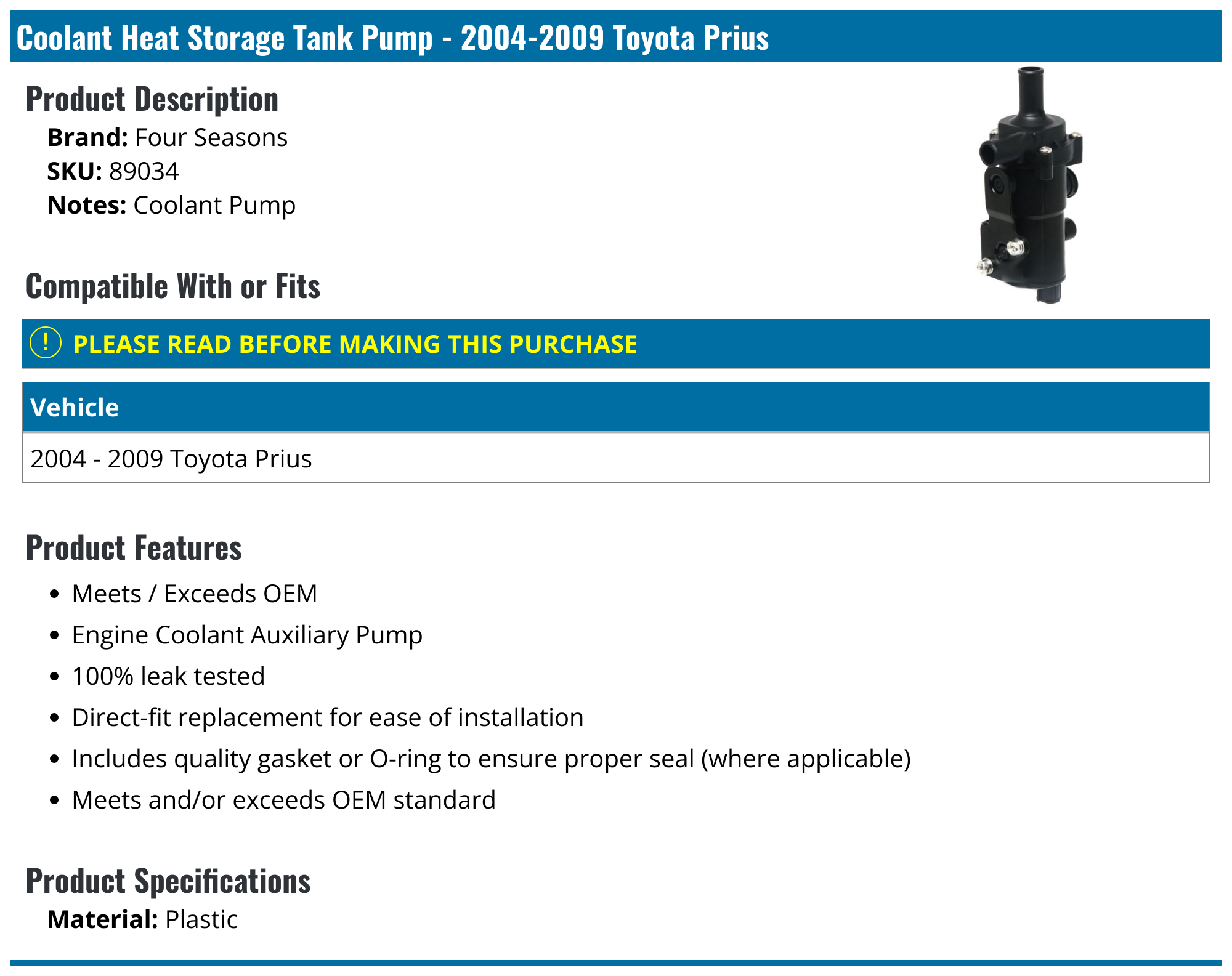 2004-2009 Toyota Prius Coolant Heat Storage Tank Pump - Four Seasons ...
