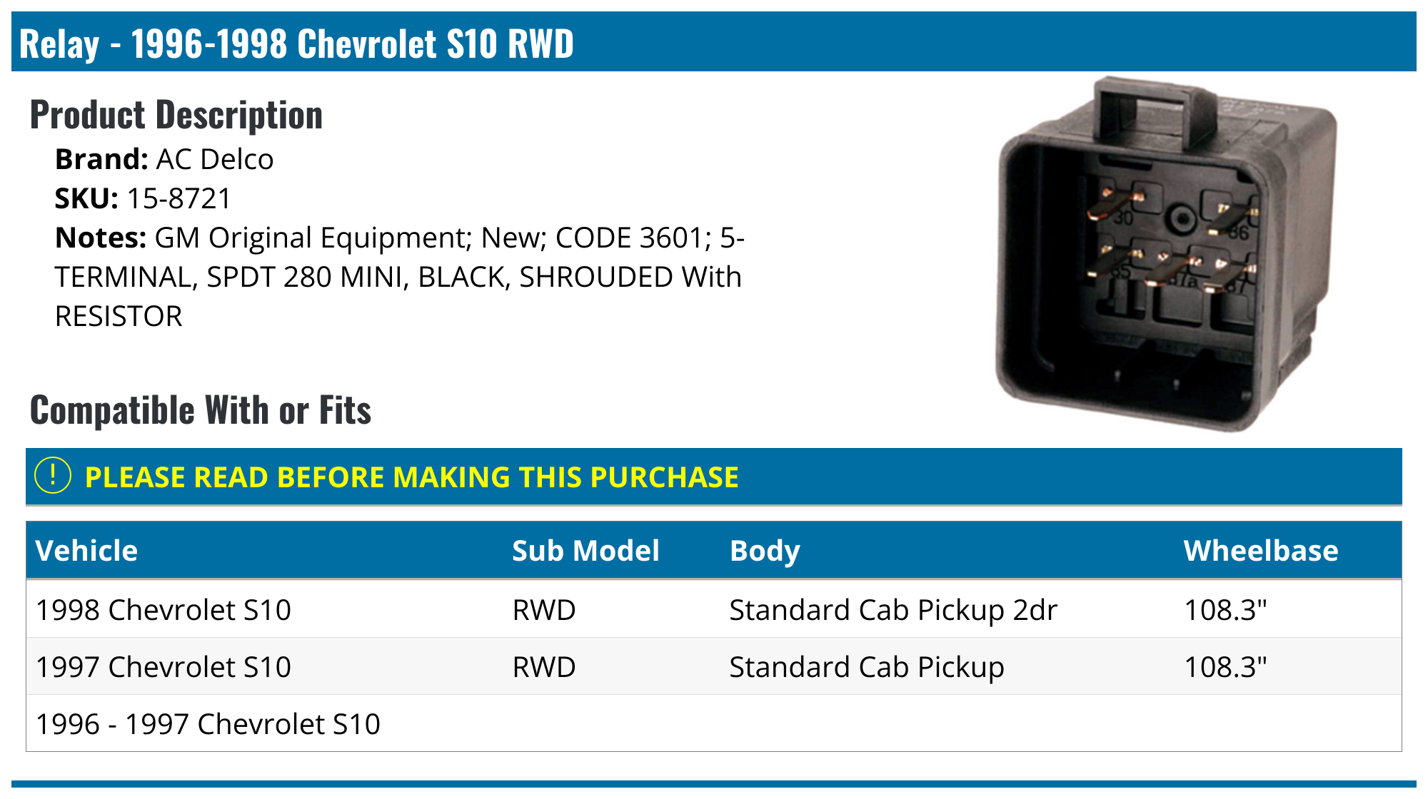 1996-1998 Chevrolet S10 Relay - AC Delco 15-8721 - - PartsGeek.com