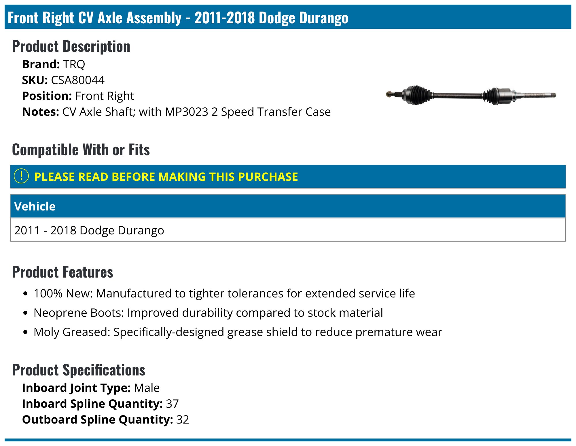 2011-2022 Dodge Durango Axle Assembly - TRQ CSA80044 - Front Right ...