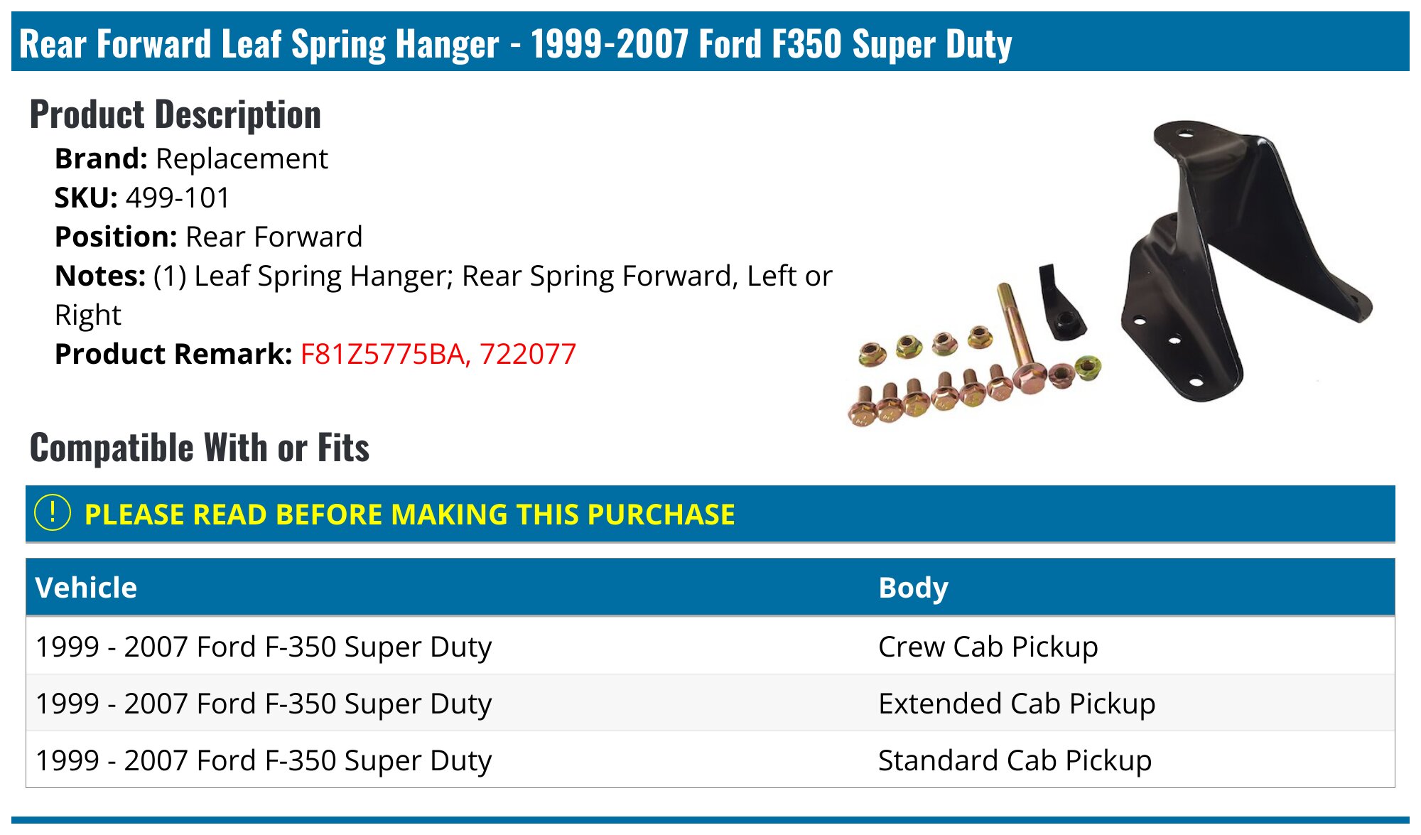 1999-2007 Ford F350 Super Duty Leaf Spring Hanger - Replacement 499-101 ...