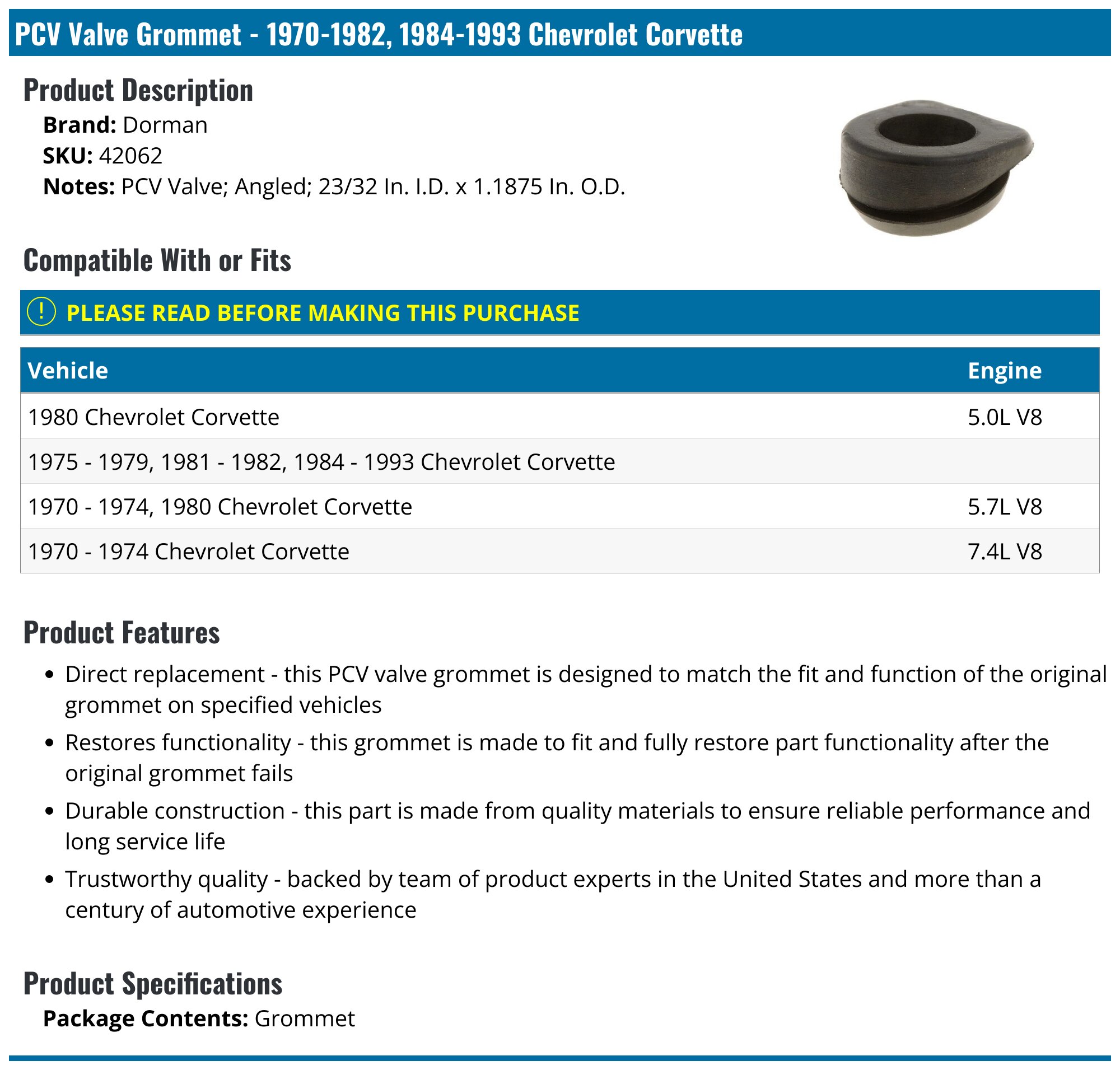 1970-1982, 1984-1993 Chevrolet Corvette PCV Valve Grommet - Dorman ...