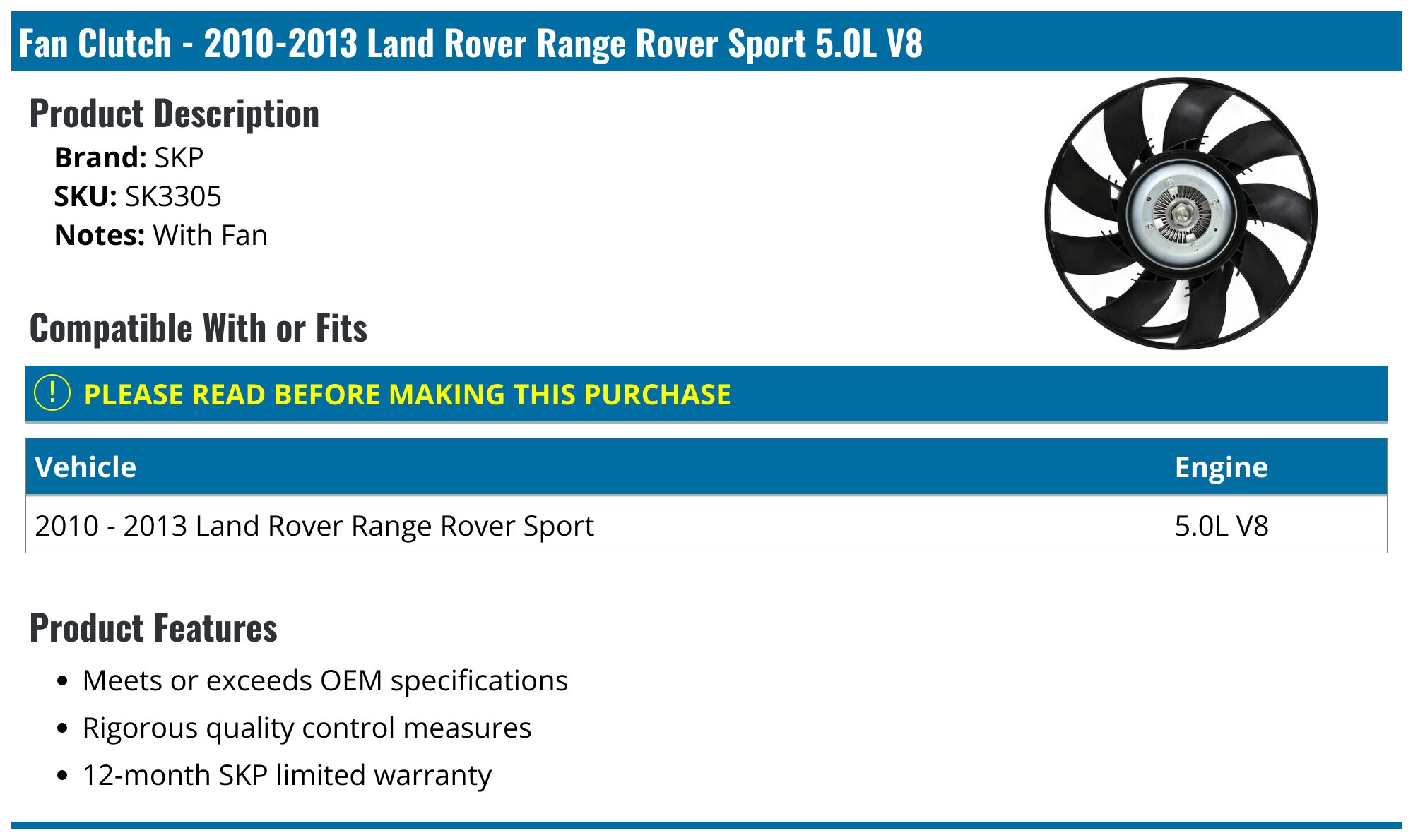 2010-2013 Land Rover Range Rover Sport Fan Clutch - SKP SK3305 ...
