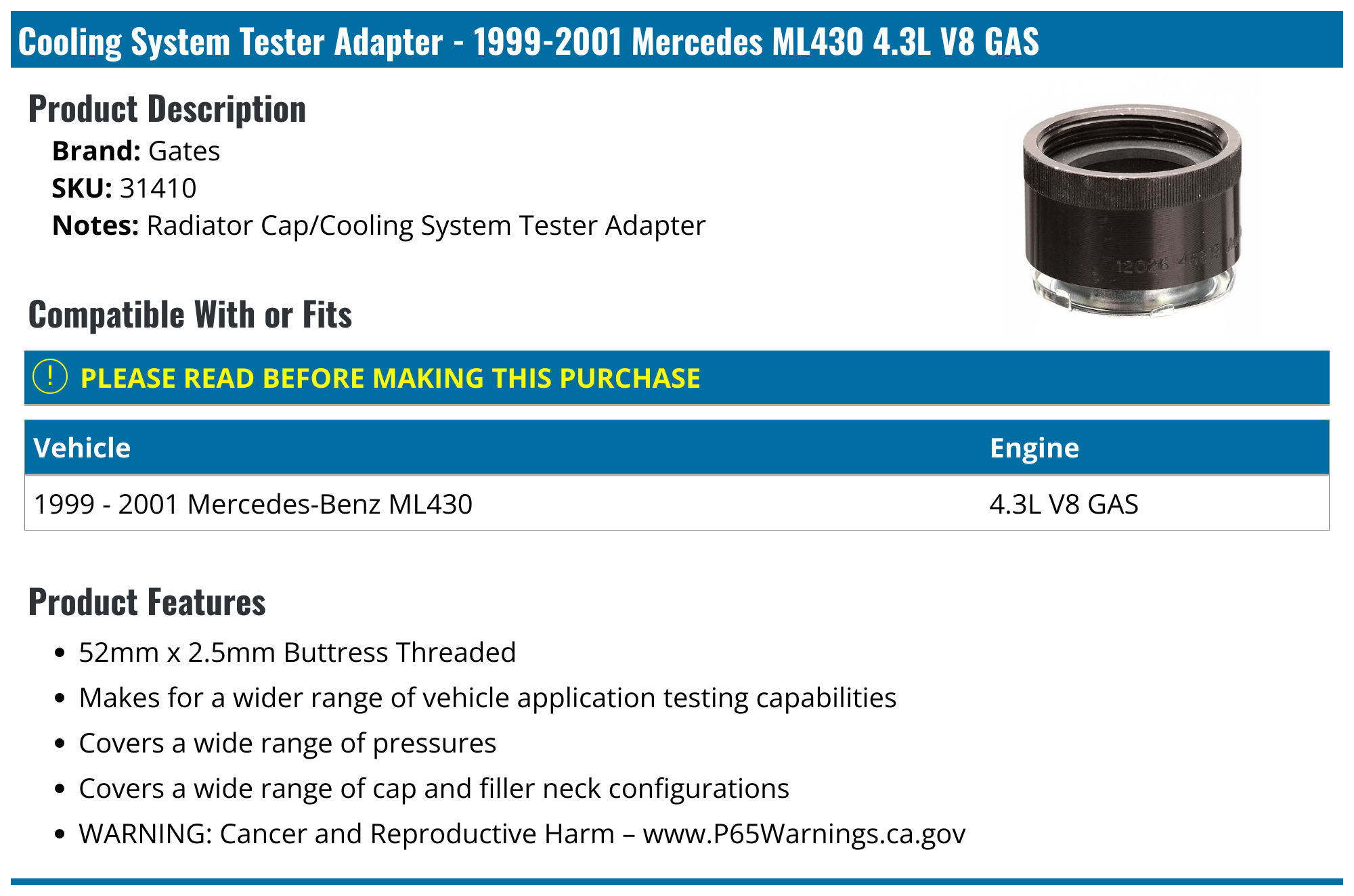 1999-2001 Mercedes ML430 Cooling System Tester Adapter - Gates 31410 ...