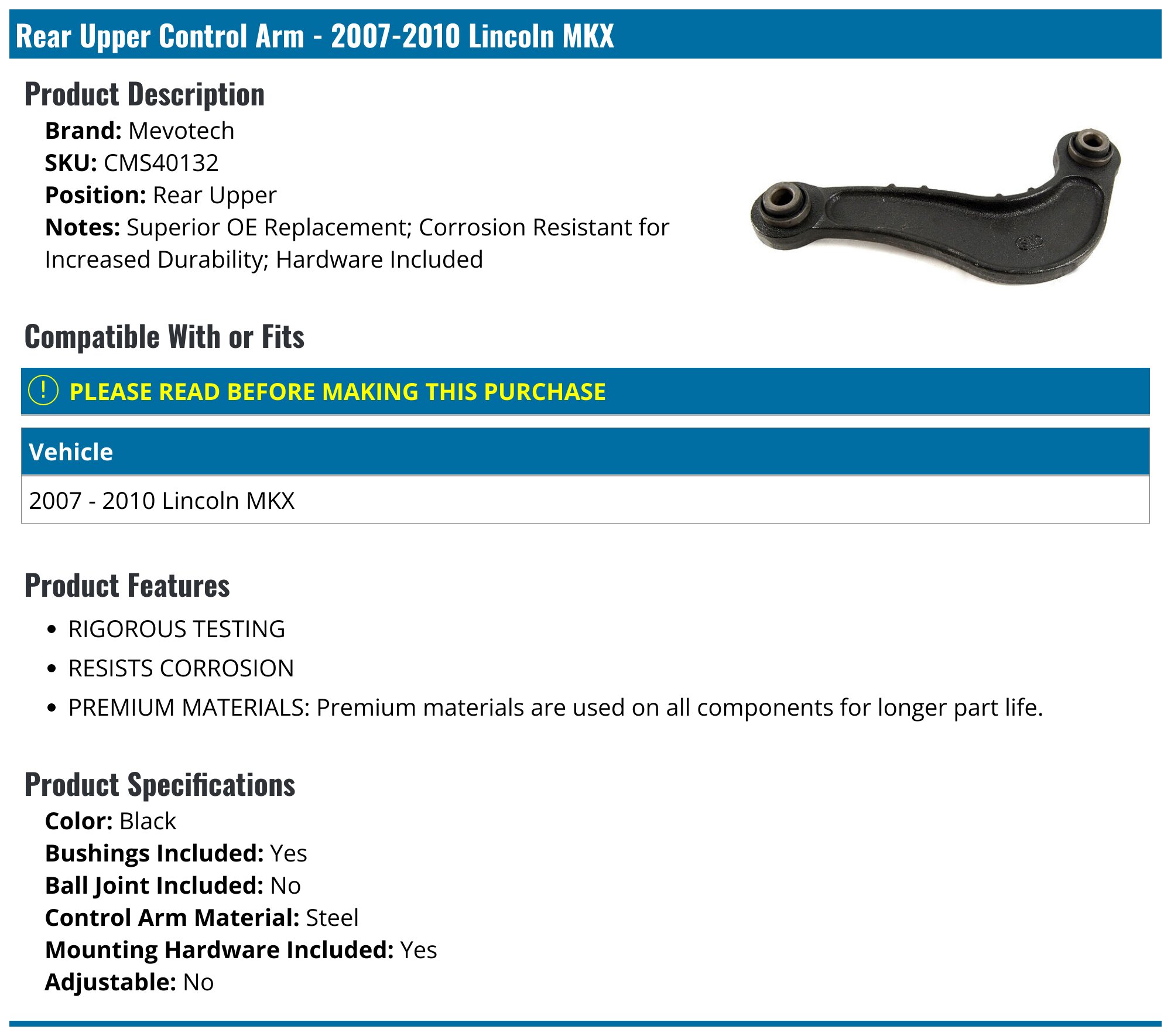 2007-2010 Lincoln MKX Control Arm - Mevotech CMS40132 - Rear Upper ...