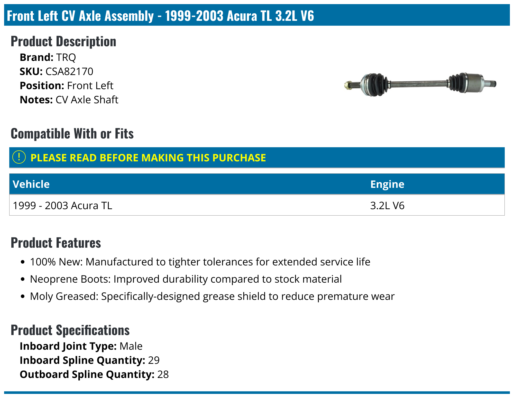 1999-2003 Acura TL Axle Assembly - TRQ CSA82170 - Front Left ...