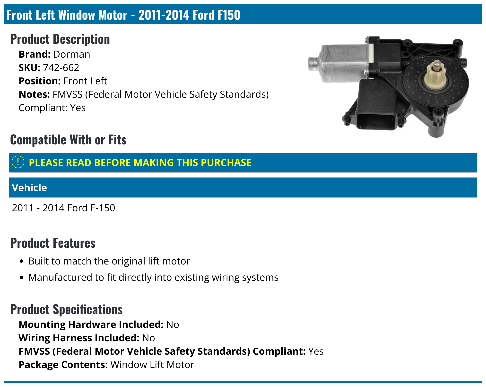 2011-2014 Ford F150 Window Motor - Dorman 742-662 - Front Left ...
