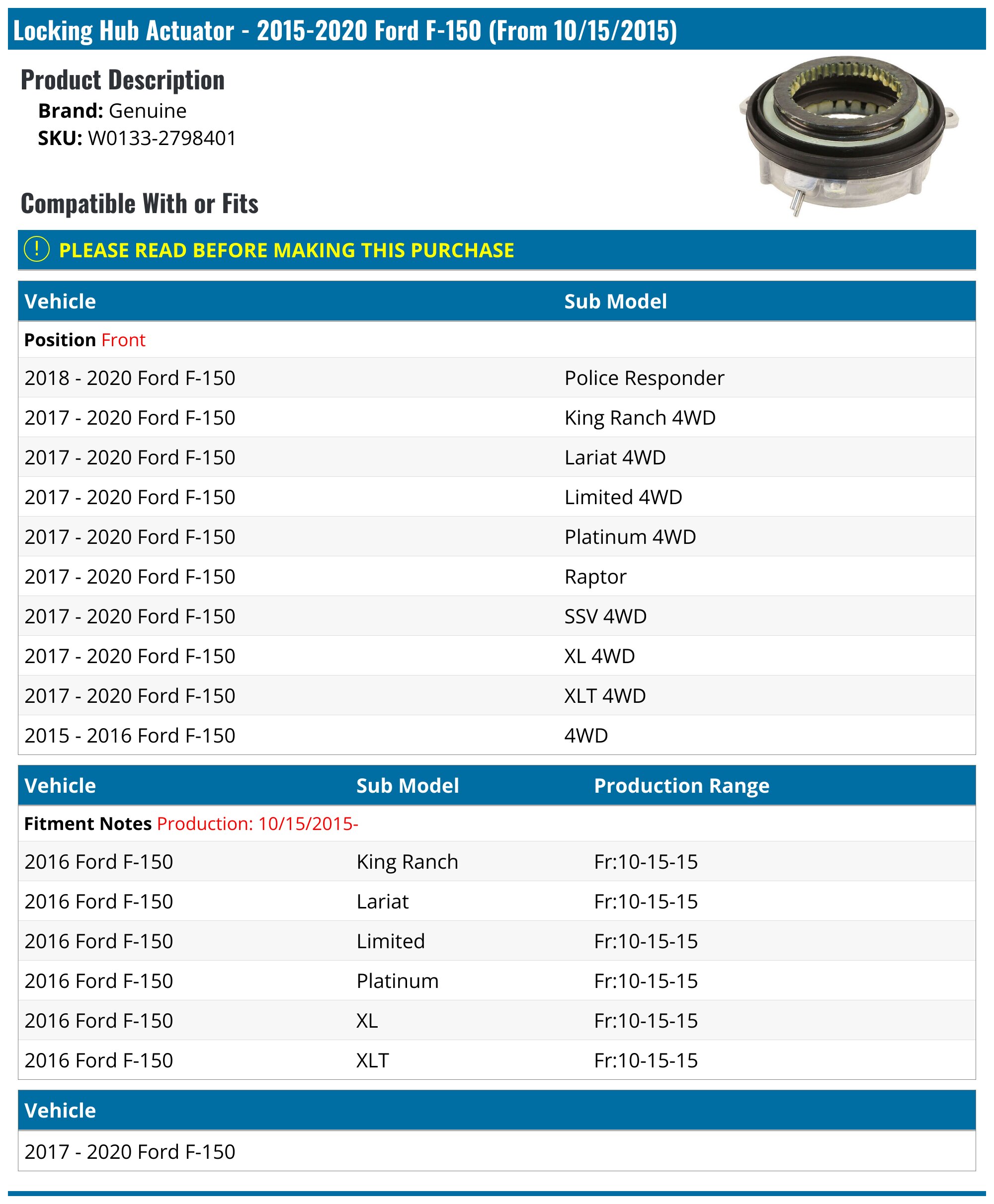 2015-2020 Ford F150 Locking Hub Actuator - Genuine W0133-2798401 ...