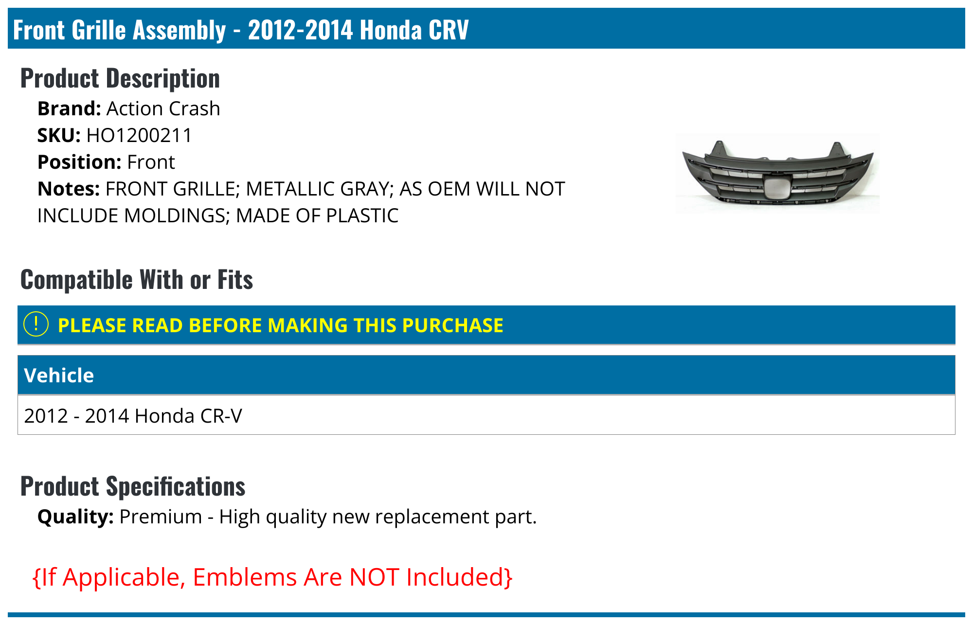 2012-2014 Honda CRV Grille Assembly - Action Crash HO1200211 - Front ...