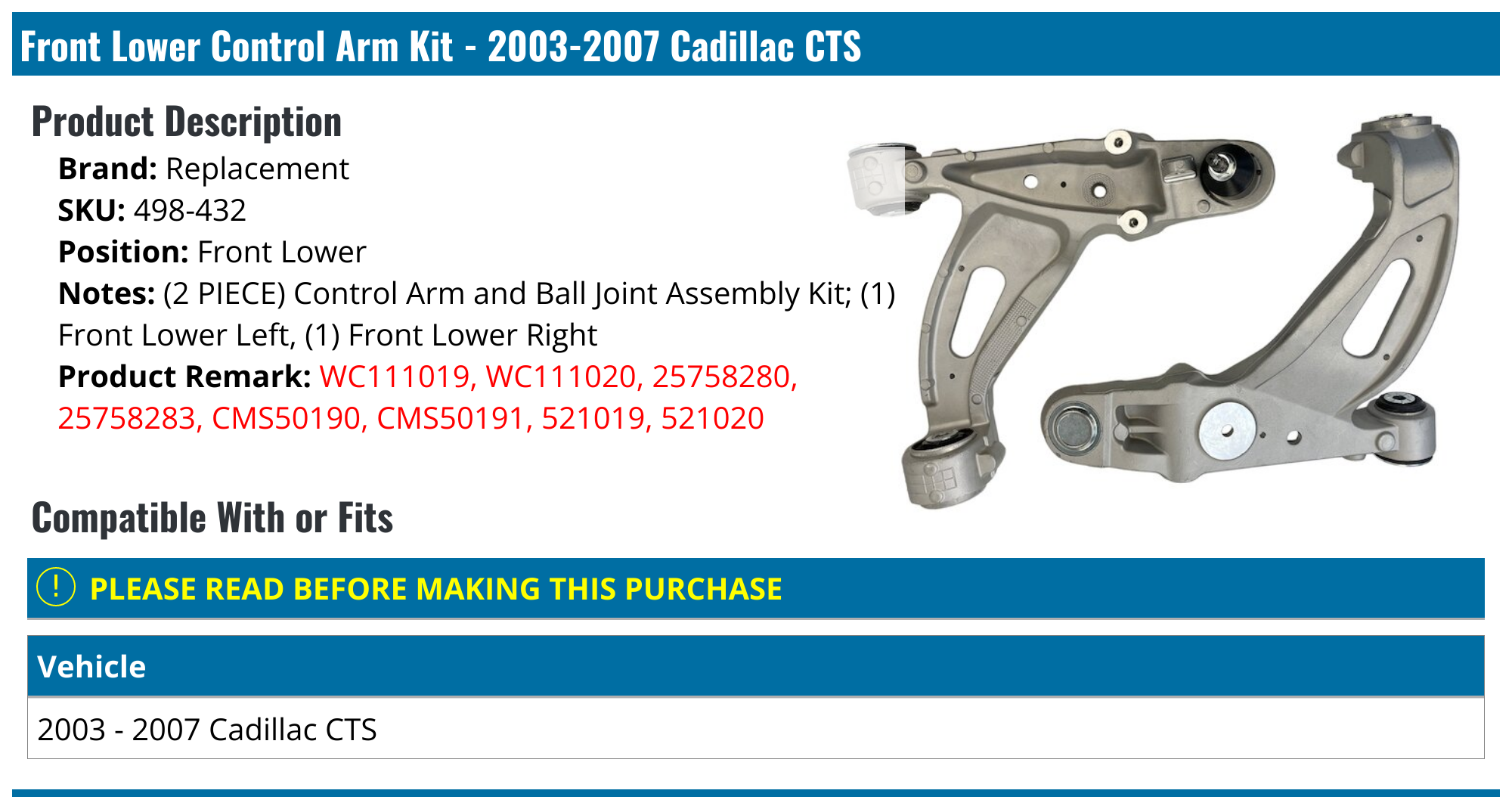 2003-2007 Cadillac CTS Control Arm - Replacement 498-432 - Front Lower ...