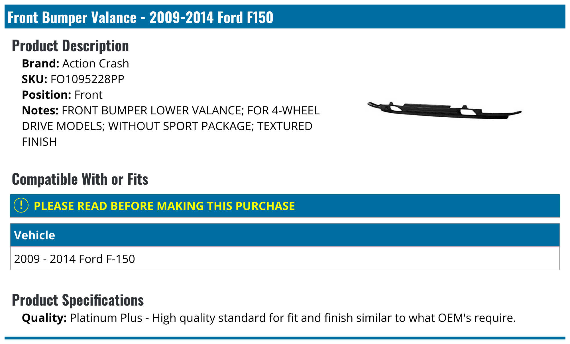 2009-2014 Ford F150 Bumper Valance - Action Crash FO1095228PP - Front ...
