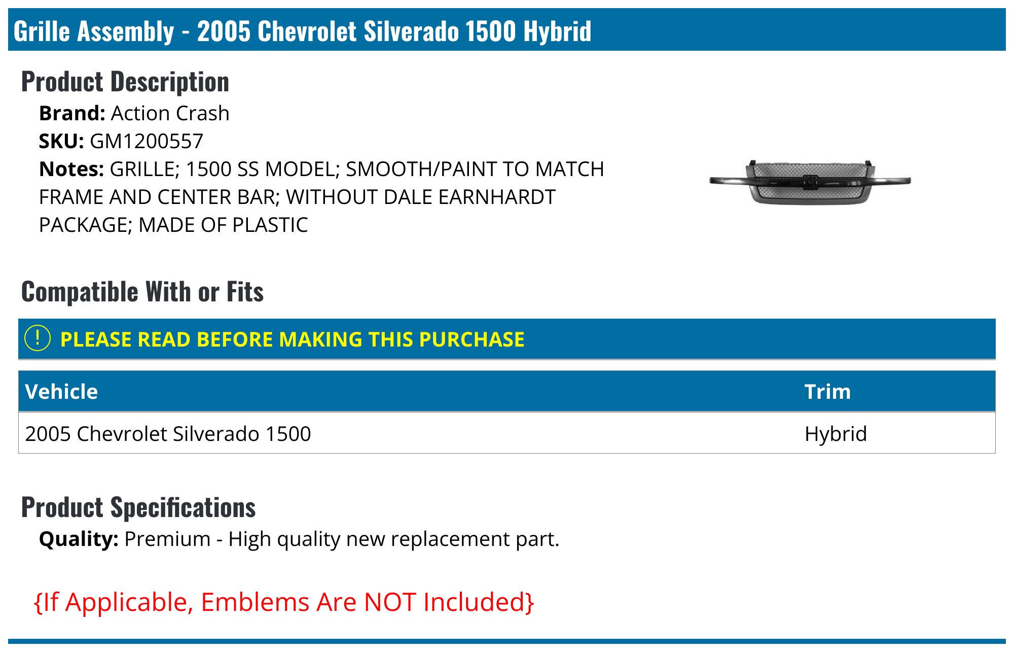 2005 Chevrolet Silverado 1500 Grille Assembly - Action Crash GM1200557 ...