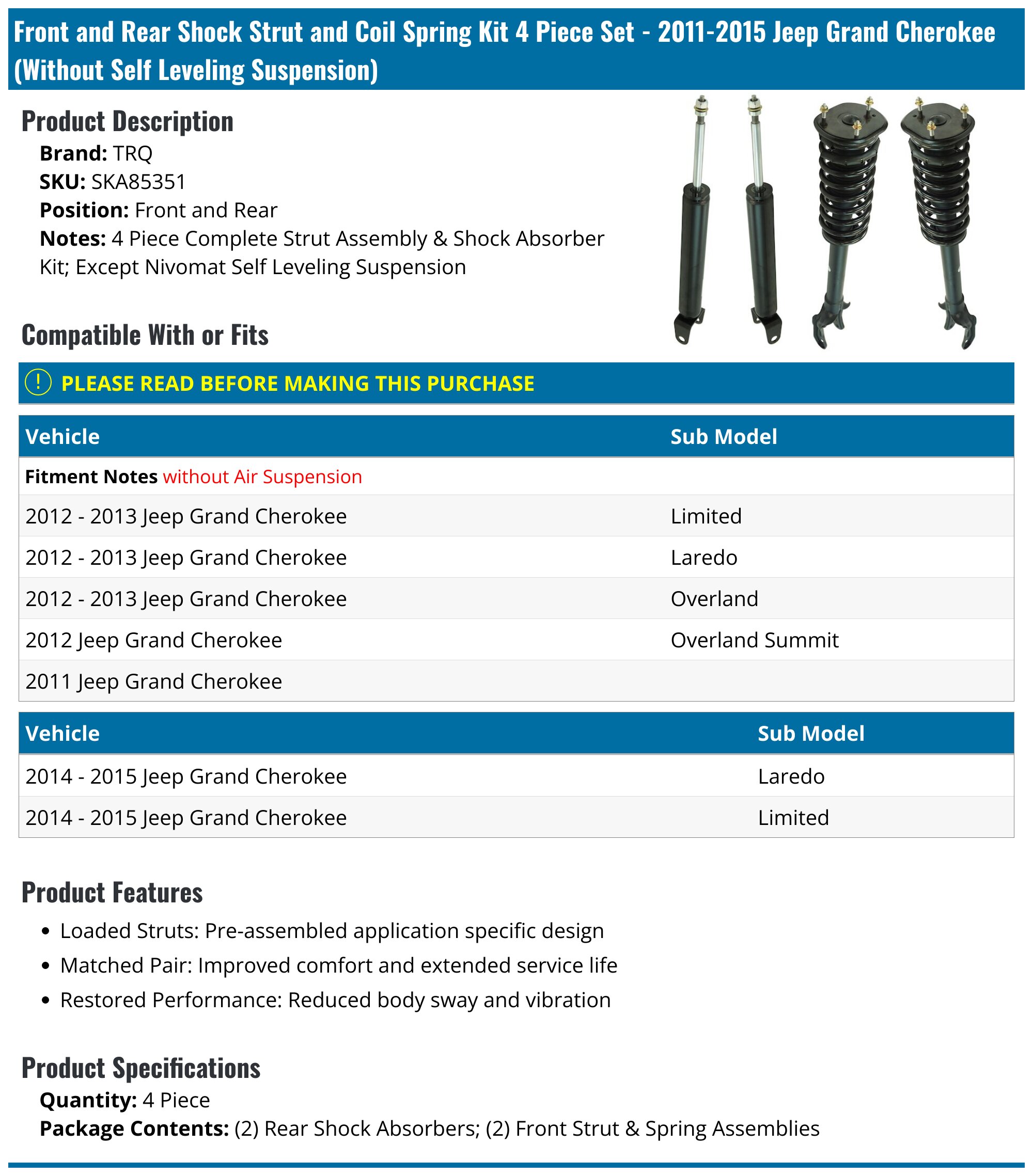 2011-2015 Jeep Grand Cherokee Shock Absorber - TRQ SKA85351 - Front and ...