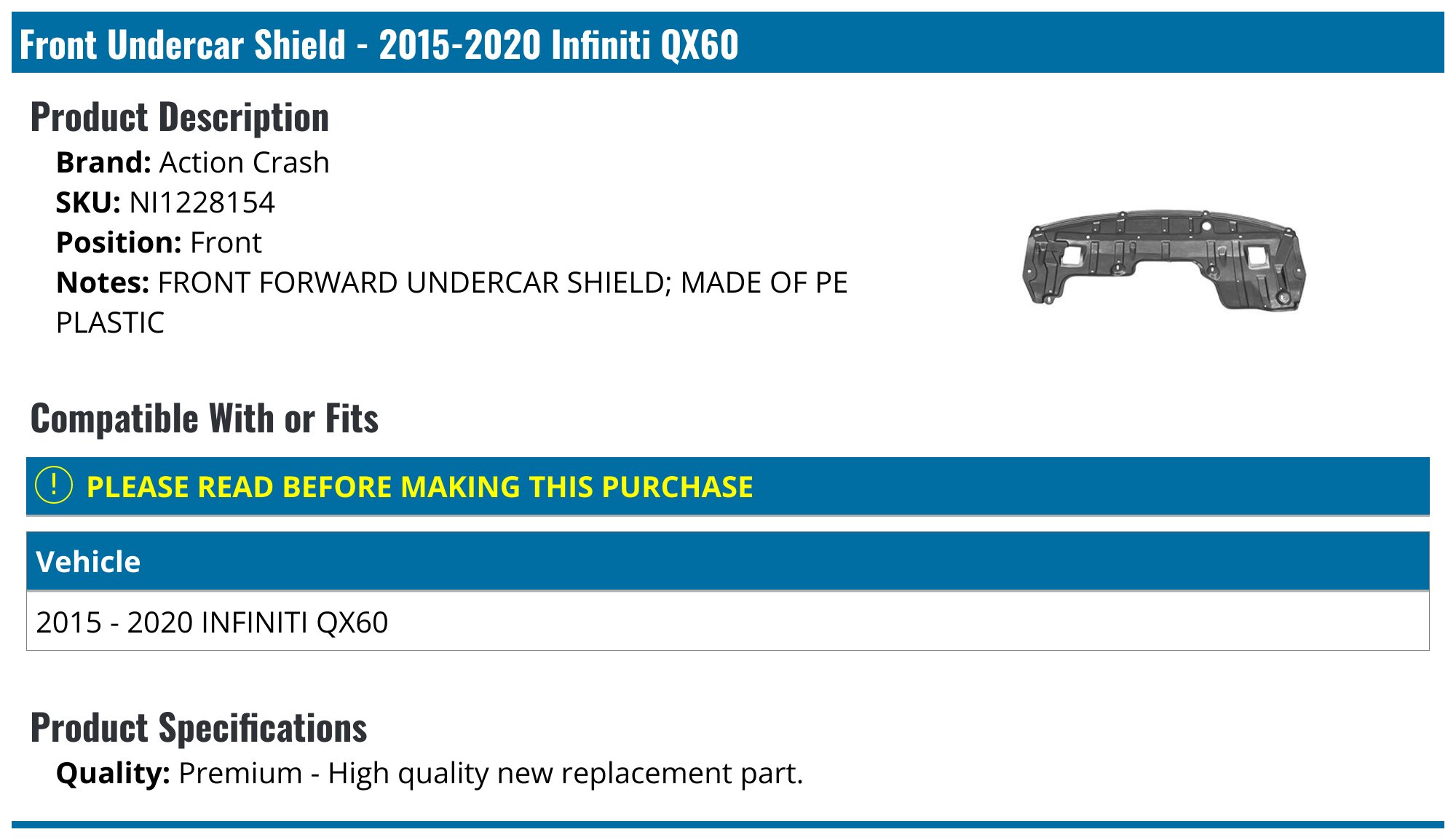2015-2020 Infiniti QX60 Lower Engine Cover - Action Crash NI1228154 ...