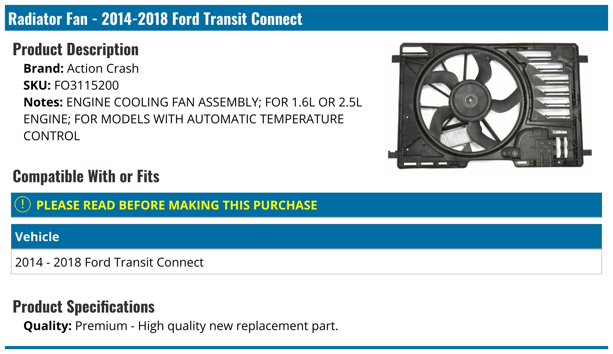 2014-2018 Ford Transit Connect Radiator Fan Assembly - Action Crash ...